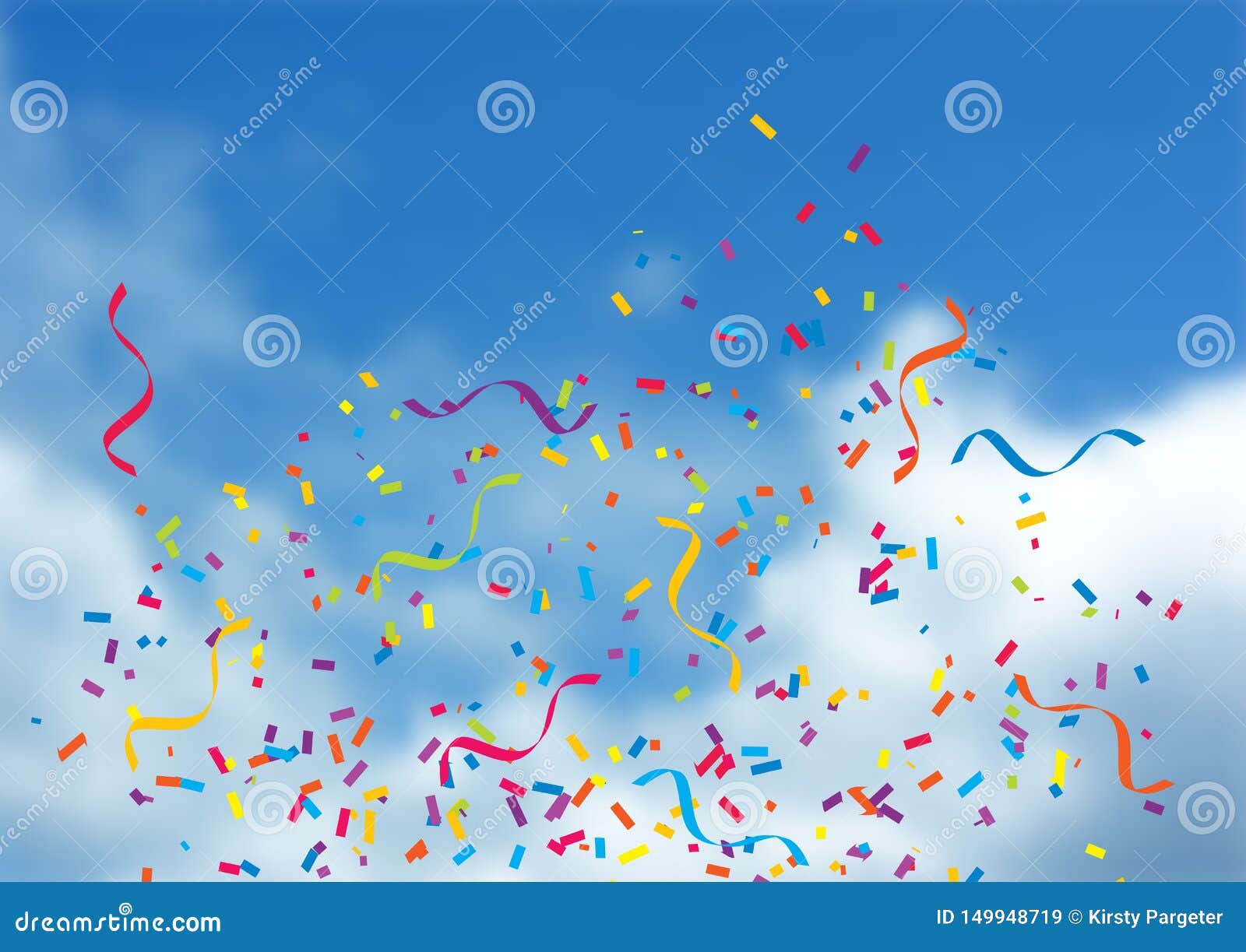 Confetti and Streamers on Blue Sky Background Stock Vector ...