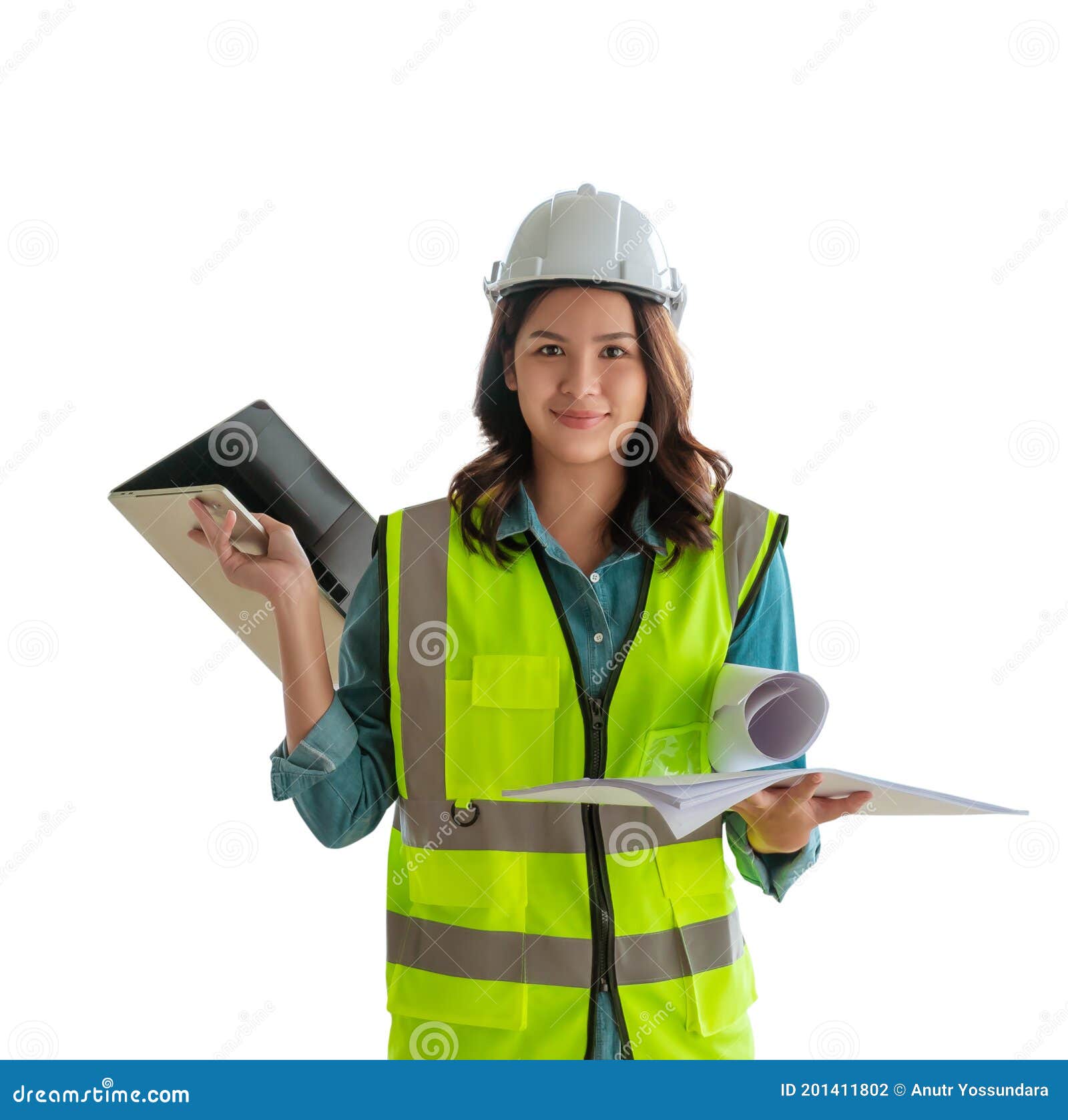 Confidence Female Engineer with Blueprint and Computer Isolated on ...