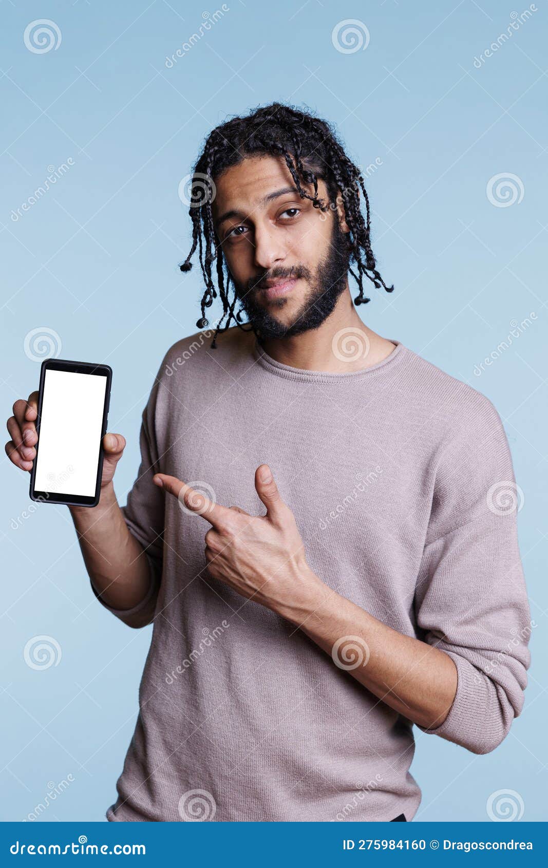 Confident Advertiser Holding Smartphone, Pointing at White Empty Screen ...