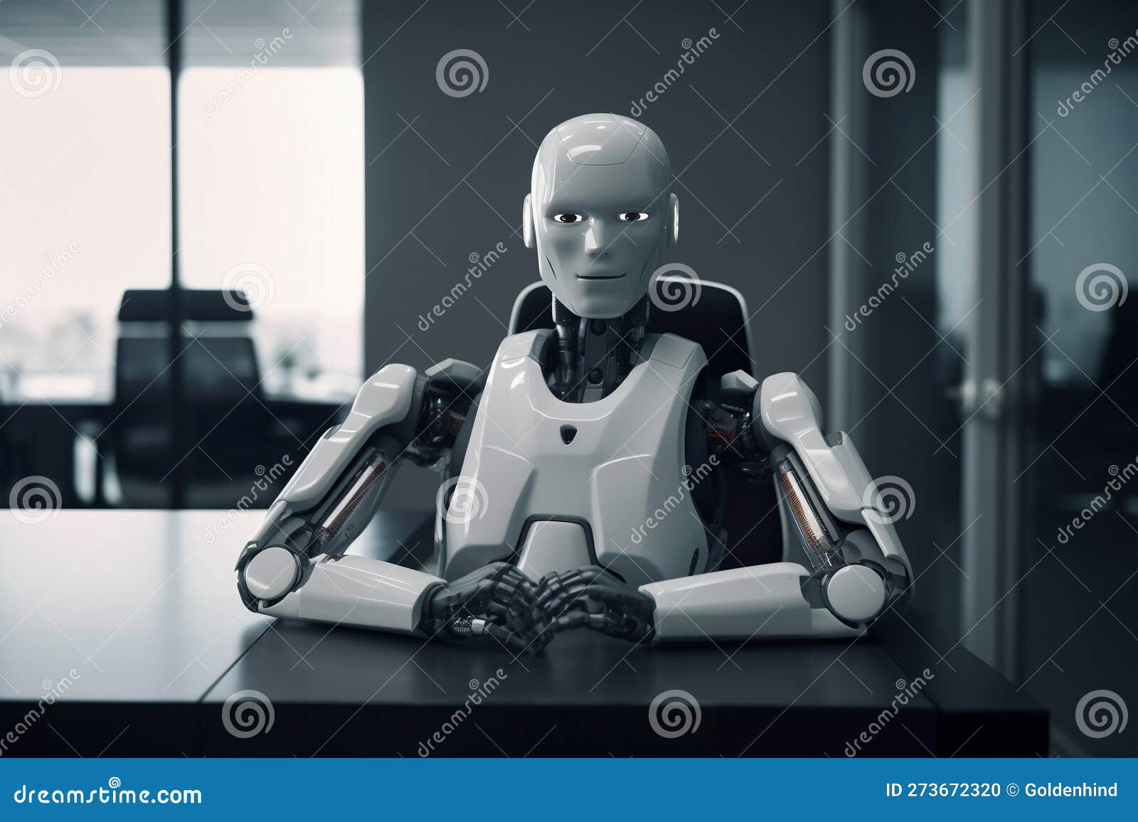 Confident Android Robot Manager Sitting in the Office Behind a Table ...