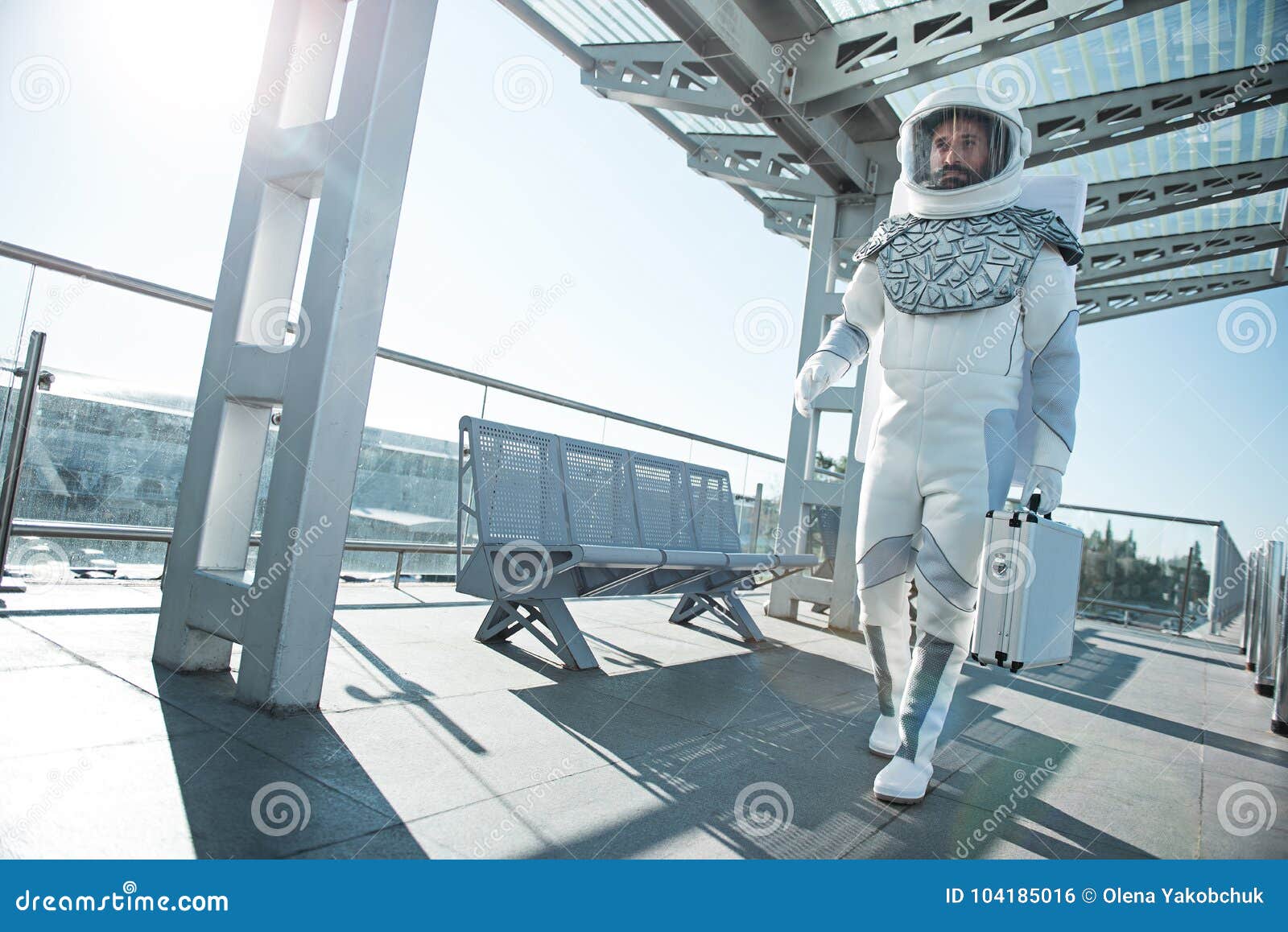 Smiling Spaceman Carrying Small Suitcase Stock Photo - Image of copy ...