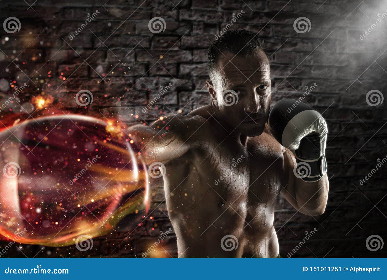 Confident Boxer with Fiery Boxing Gloves Stock Image - Image of fist ...