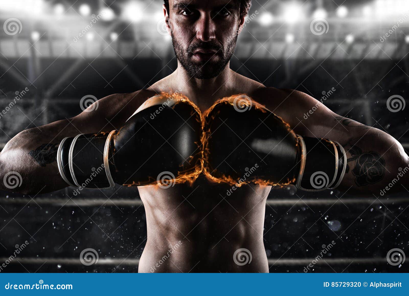 Confident Boxer with Fiery Boxing Gloves Stock Photo - Image of defense ...