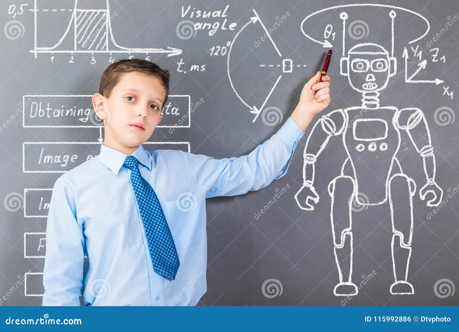 Confident Boy Demonstrating His Knowledge in Robotics Stock Photo ...