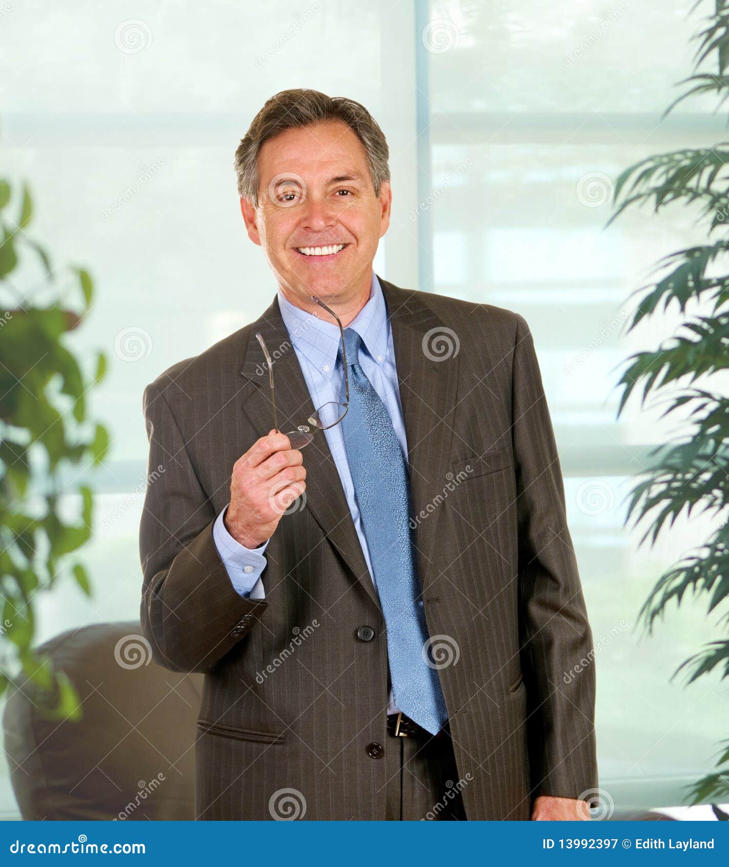 Confident Businessman in Executive Office Stock Image - Image of plants ...