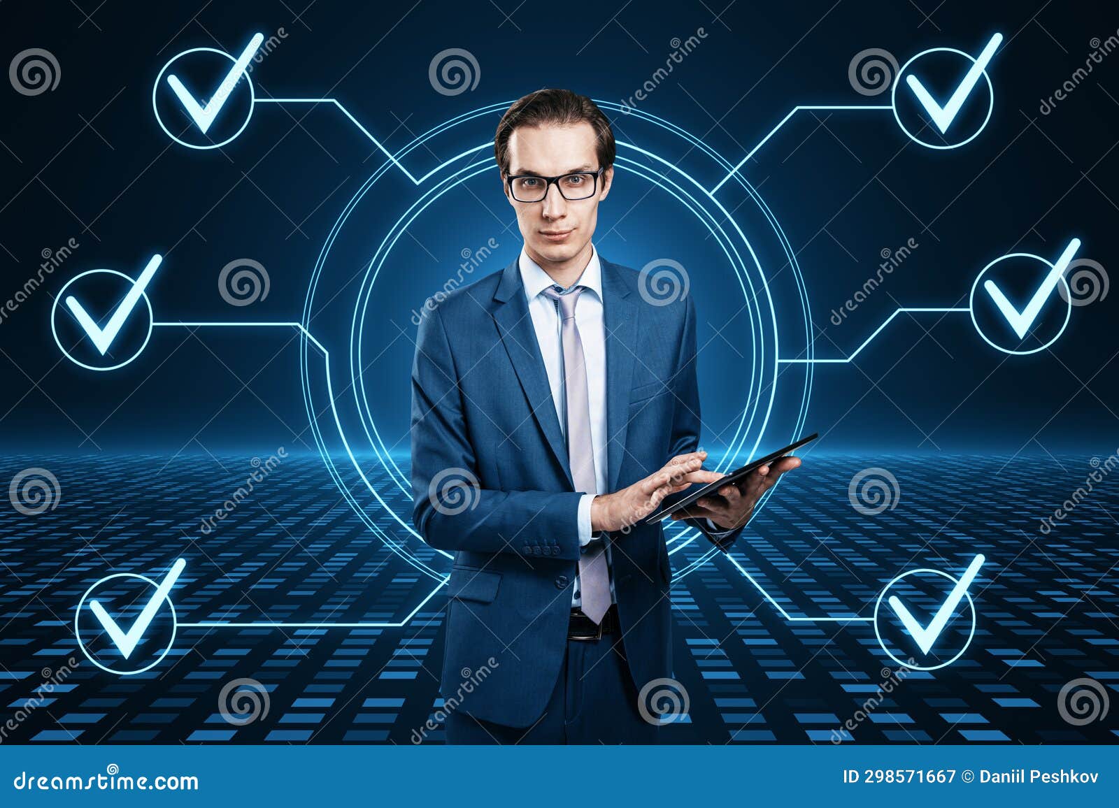 Confident Businessman with Tablet Showcasing Digital Check Marks on a ...