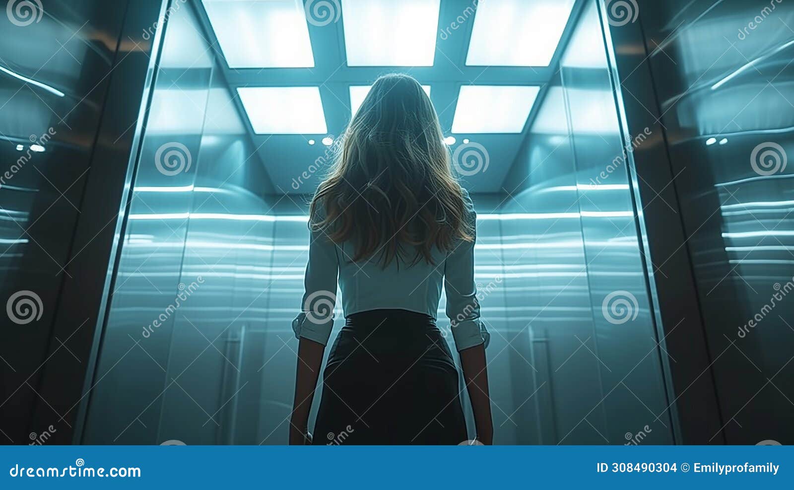 Confident Businesswoman Steps into Elevator in Modern Corporate ...