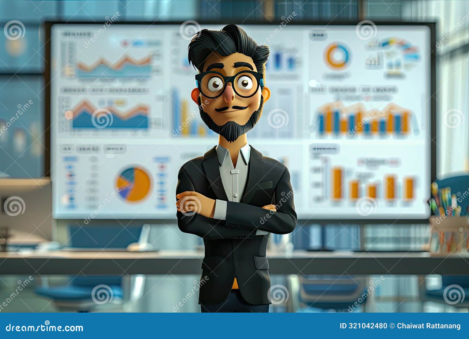 Confident Cartoon Finance Director Presenting Annual Report on 3D ... Confident Cartoon Finance Director Presenting Annual Report on 3D ...