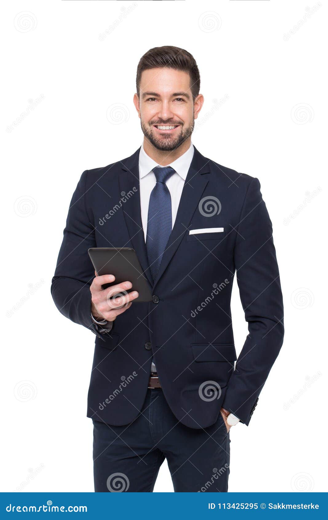 Confident Caucasian Businessman Smile And Holding Tablet Isolate Stock