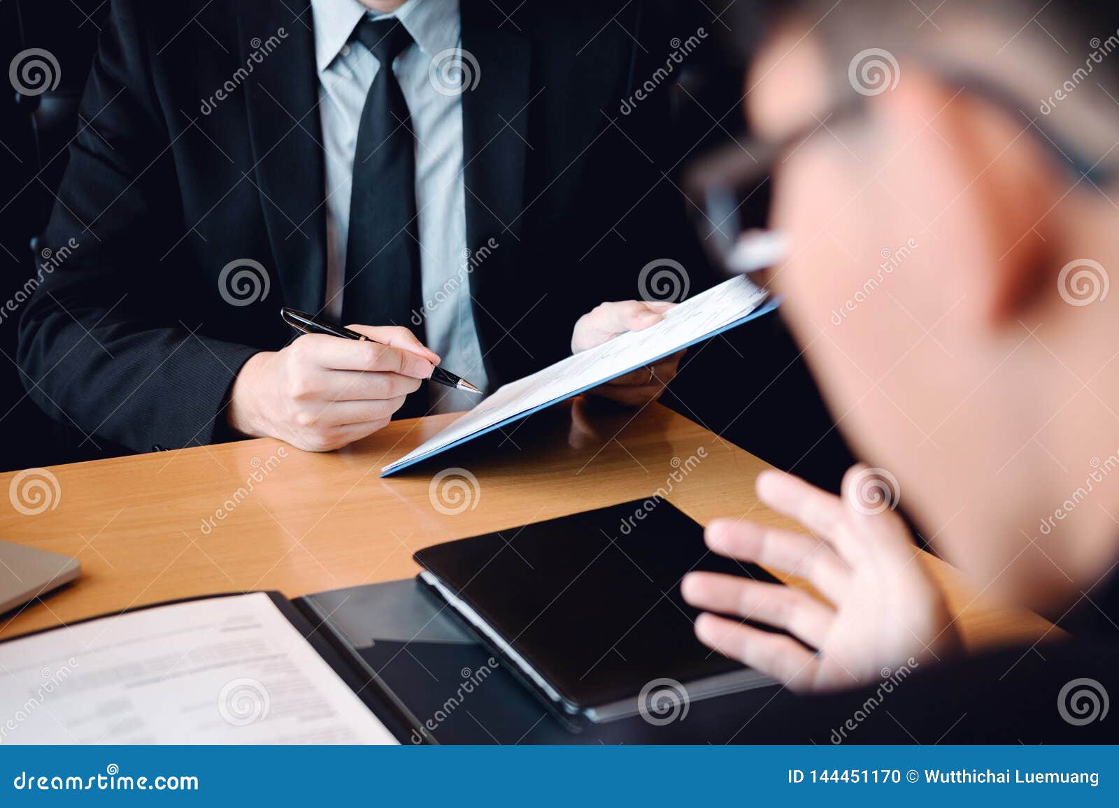 Confident Caucasian Manager Interviews Talking with a Client ...