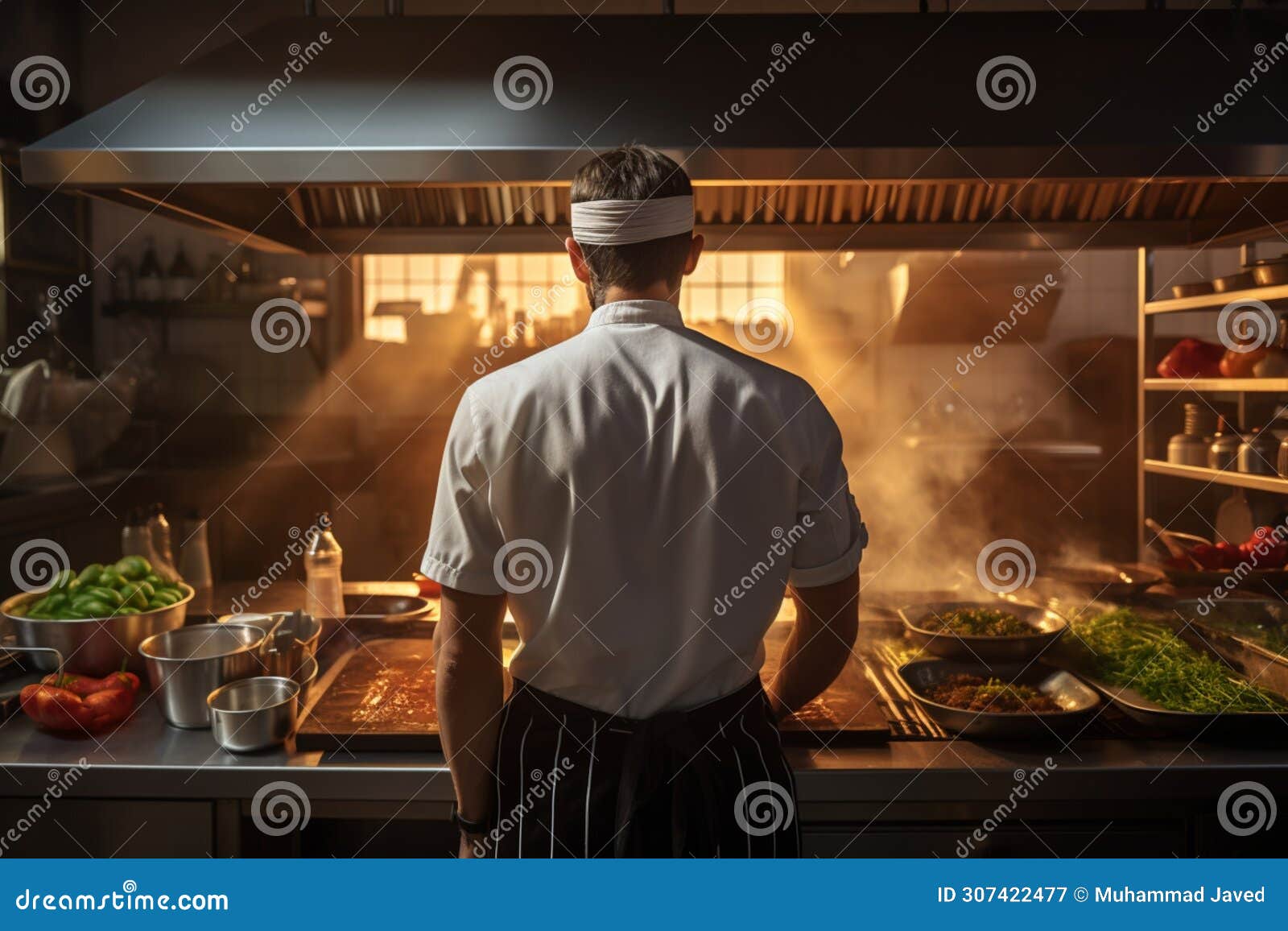 Confident Chef in Modern Kitchen, Back View Exuding Culinary Mastery ...