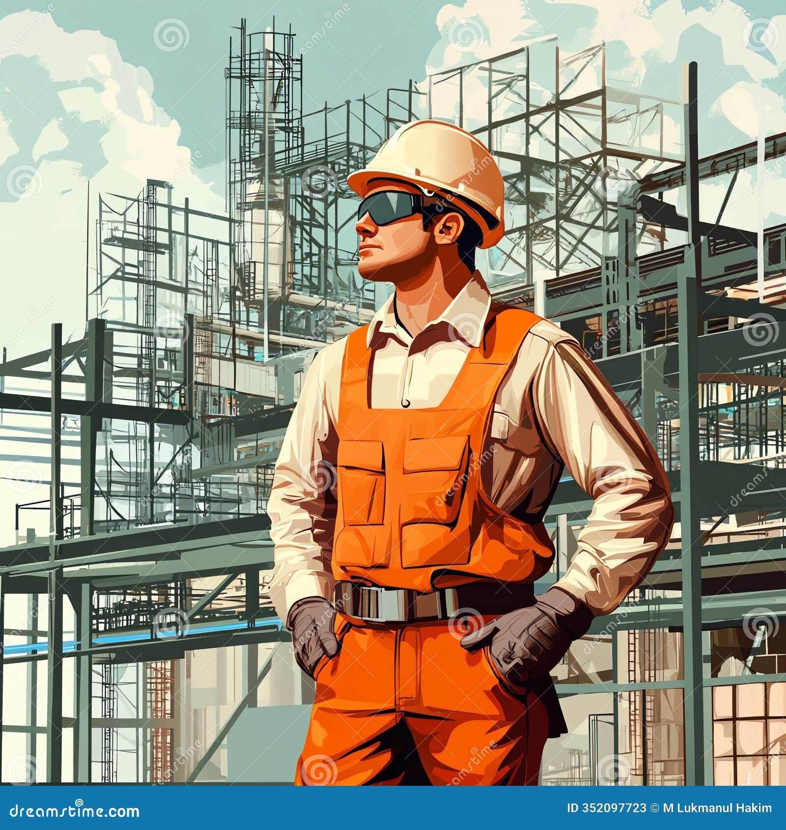 Confident Construction Worker in Orange Uniform with Skyscrapers and ...