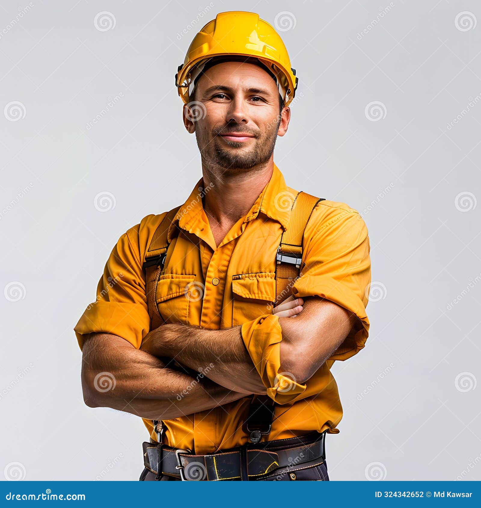 Confident Construction Worker in Yellow Uniform and Hard Hat Stock ...