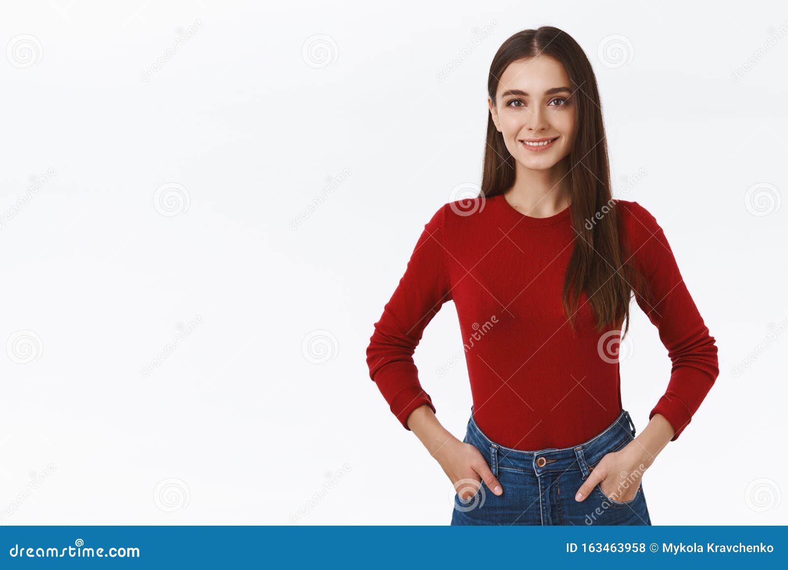 Confident Determined Good Looking Brunette Girl In Red Sweater