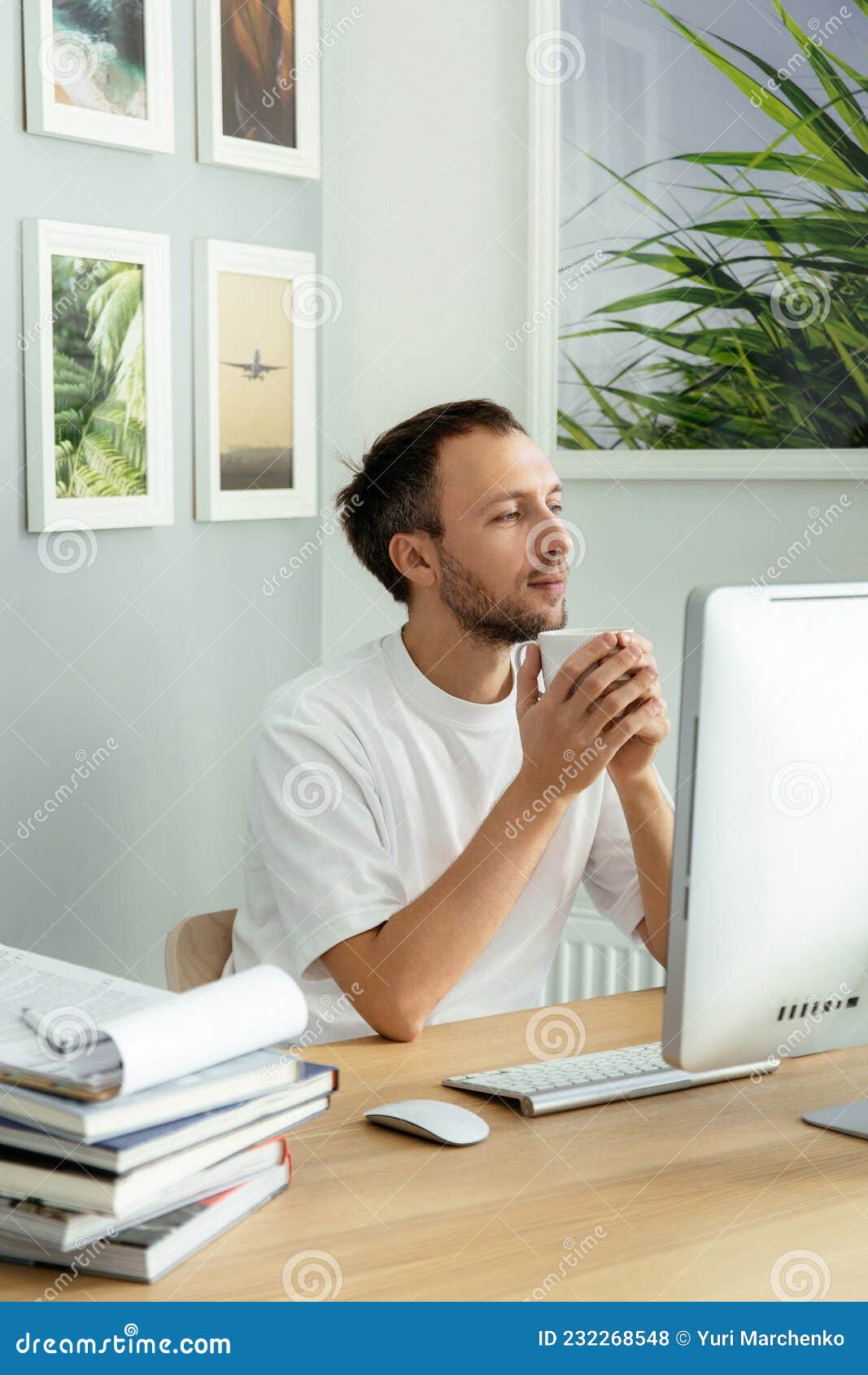 Confident Developer, Web Designer Drink Coffee at Workplace. Casual Man ...