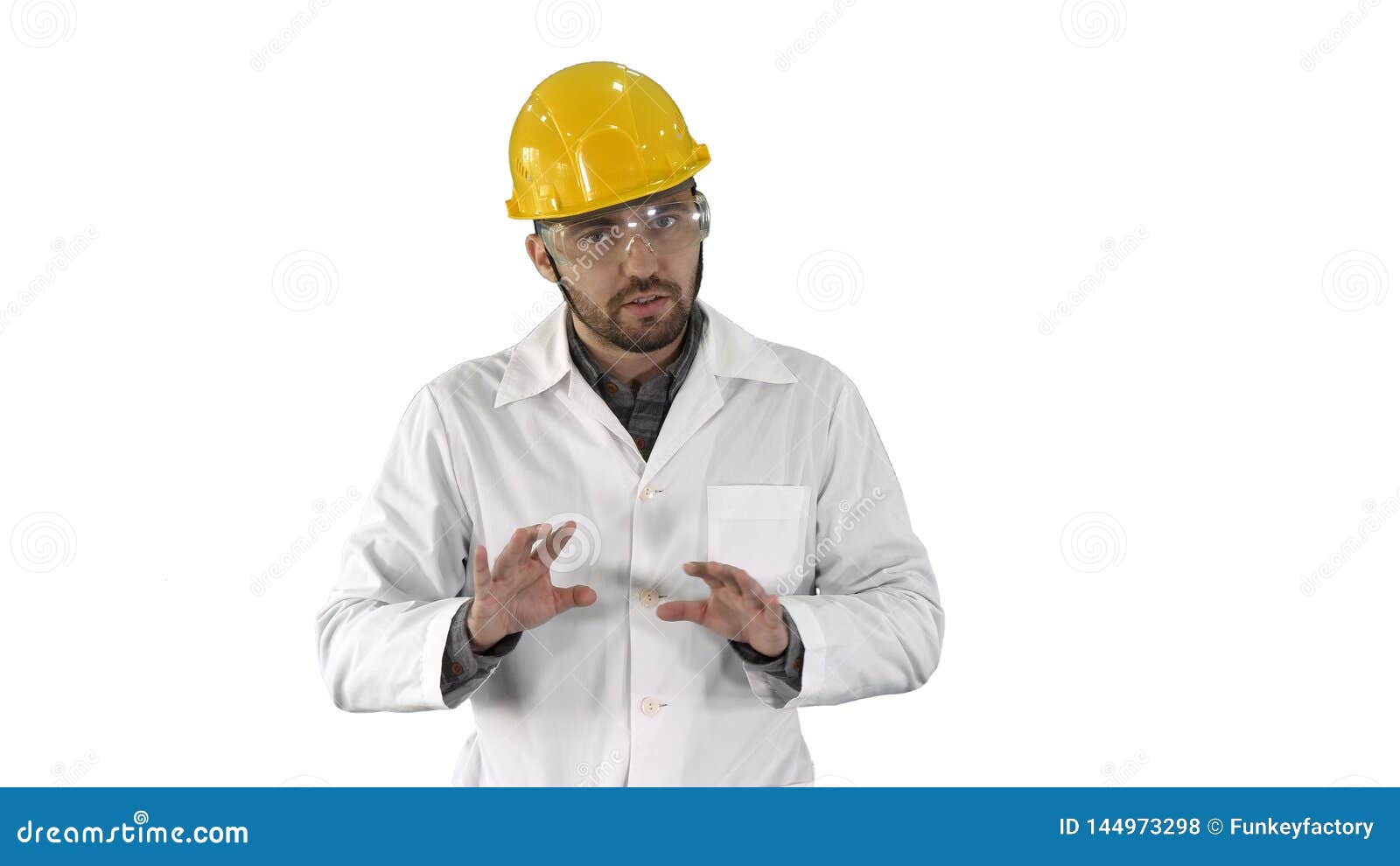 Confident Engineer Man Talking Camera on White Background. Stock Photo ...