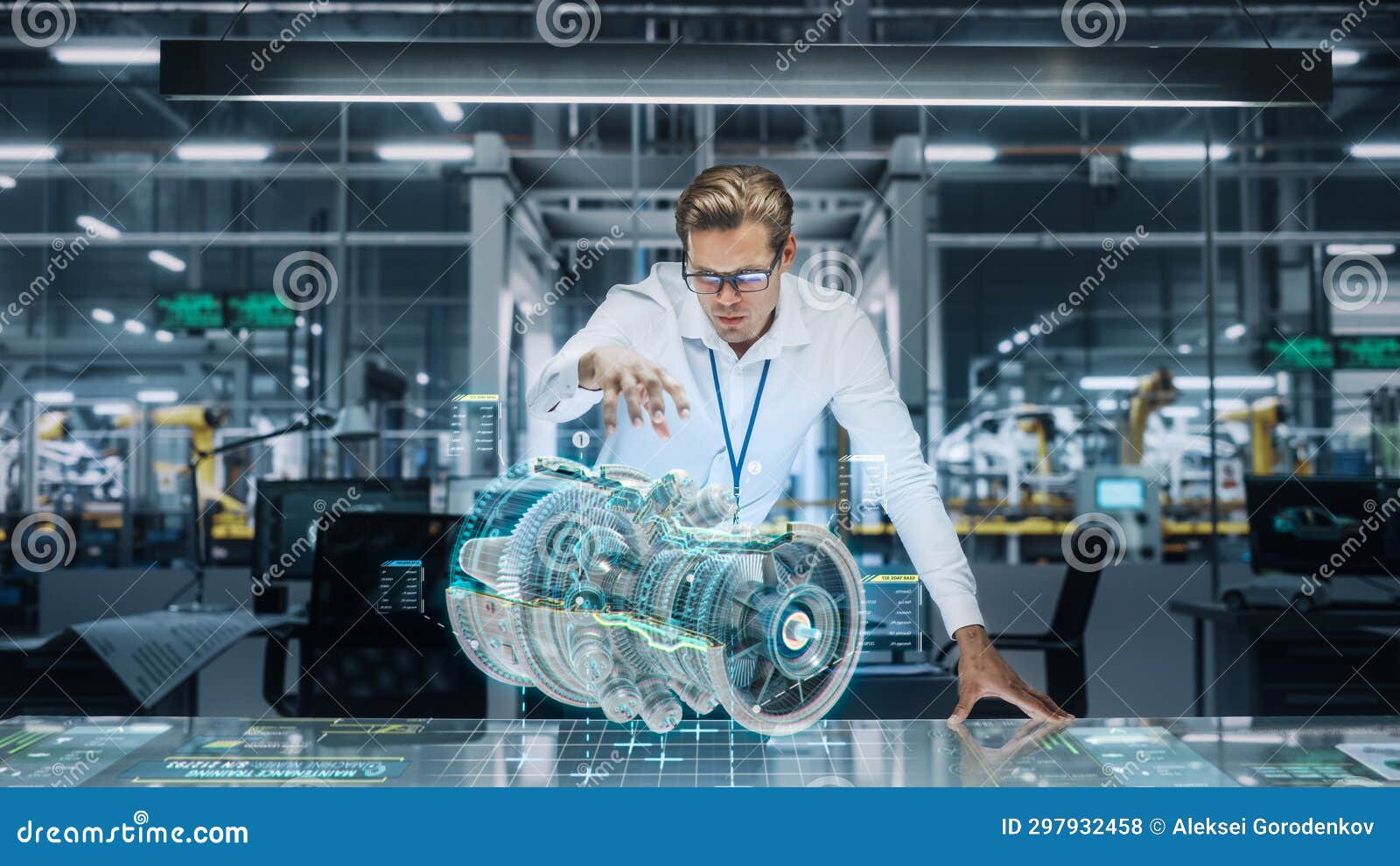 Confident Engineer in White Shirt Working on Jet Engine with Use of ...