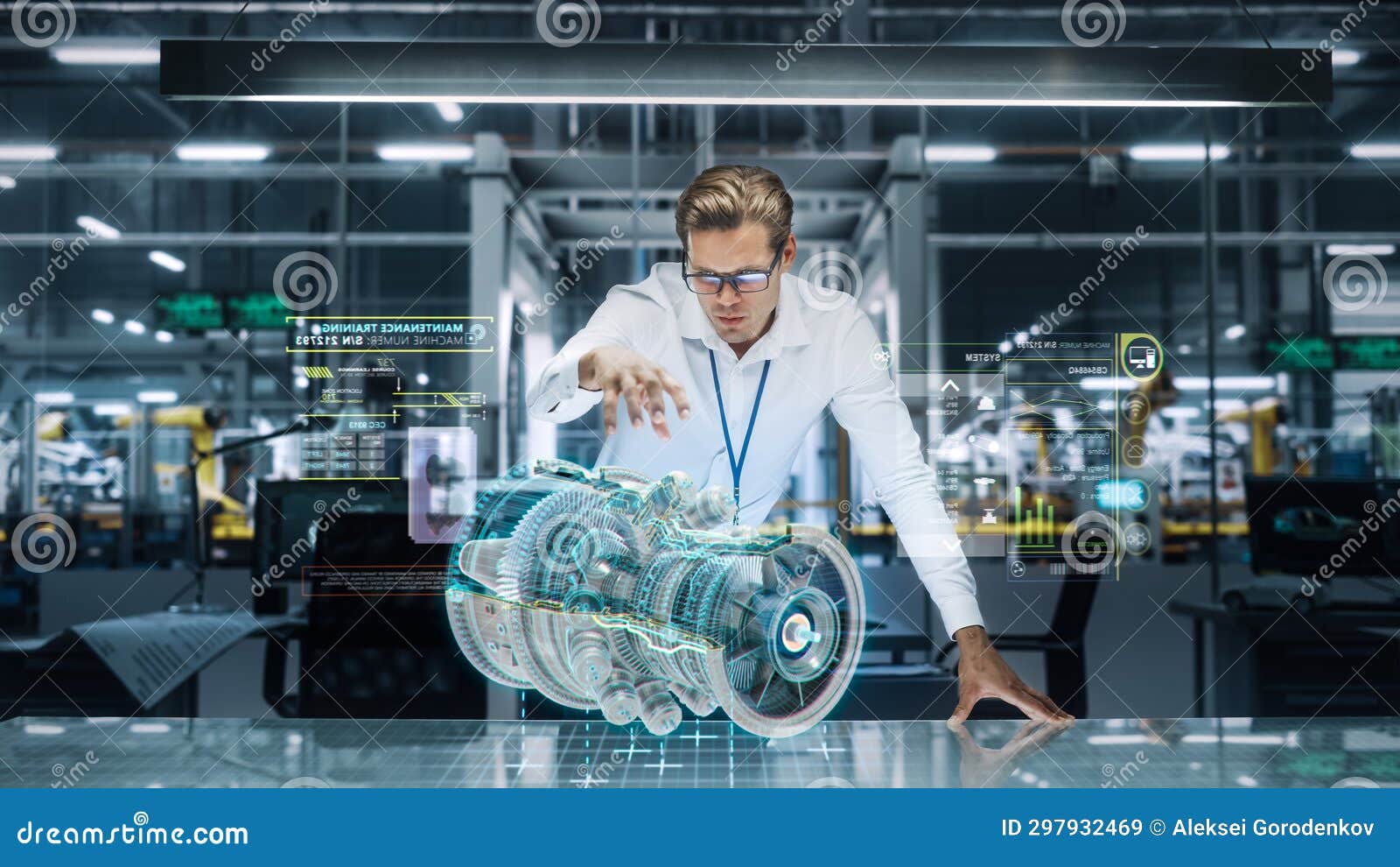 Confident Engineer in White Shirt Working on Jet Engine with Use of ...