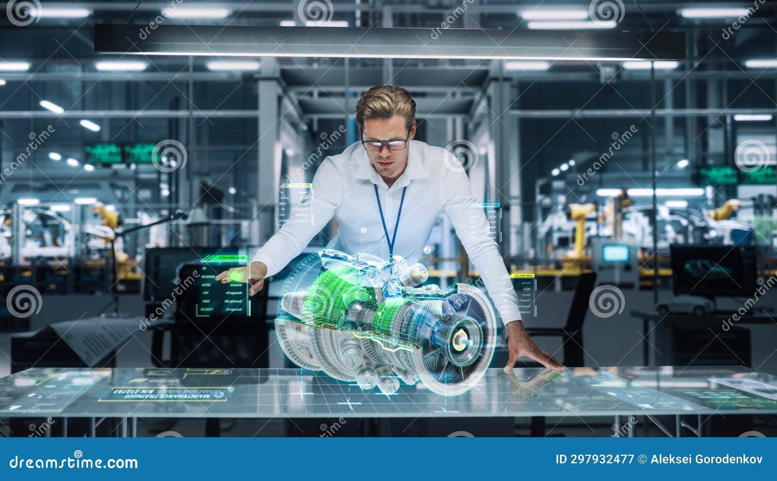 Confident Engineer in White Shirt Working on Jet Engine with Use of ...