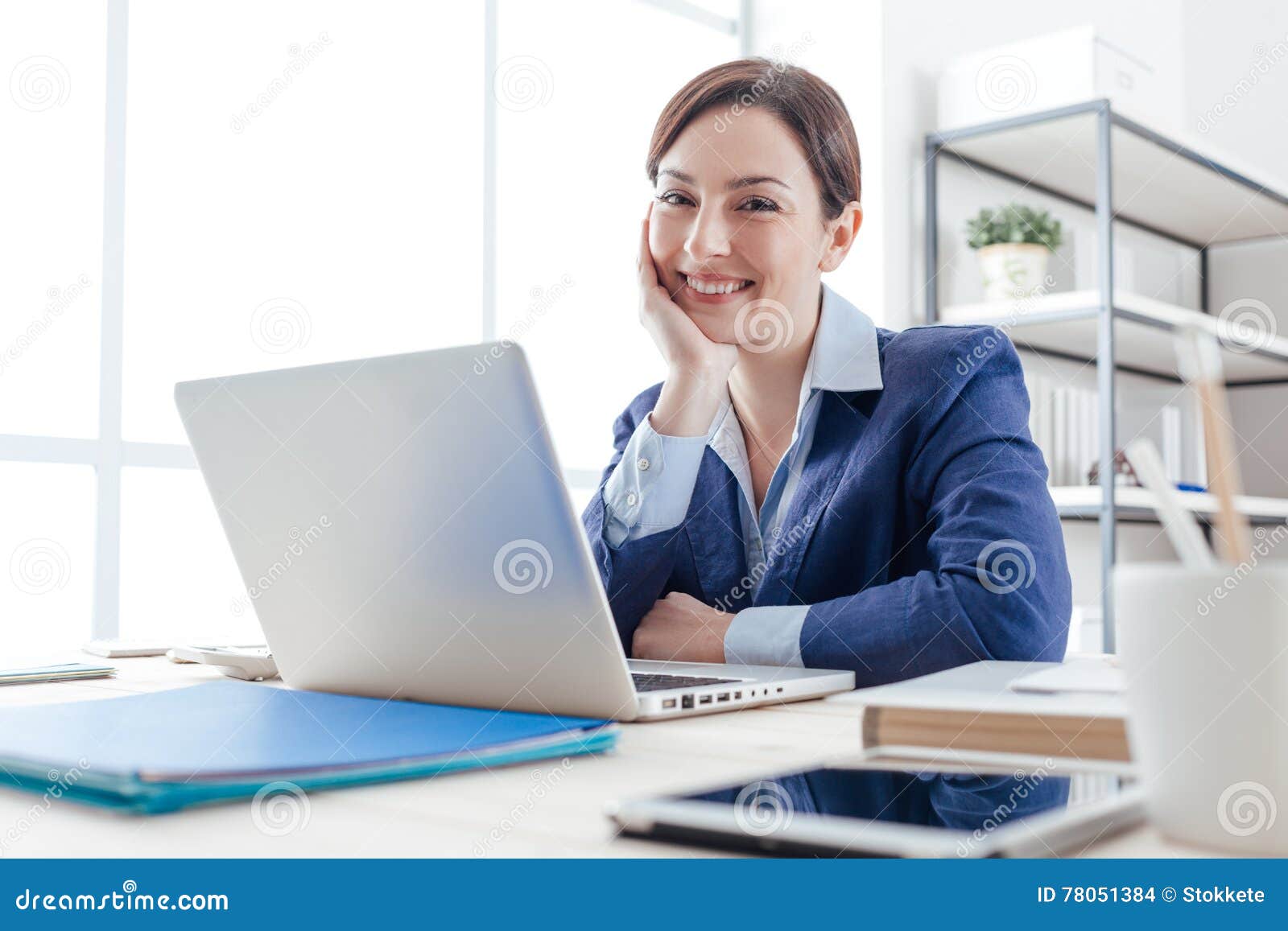 Confident Female Executive Posing Stock Photo - Image of desktop ...