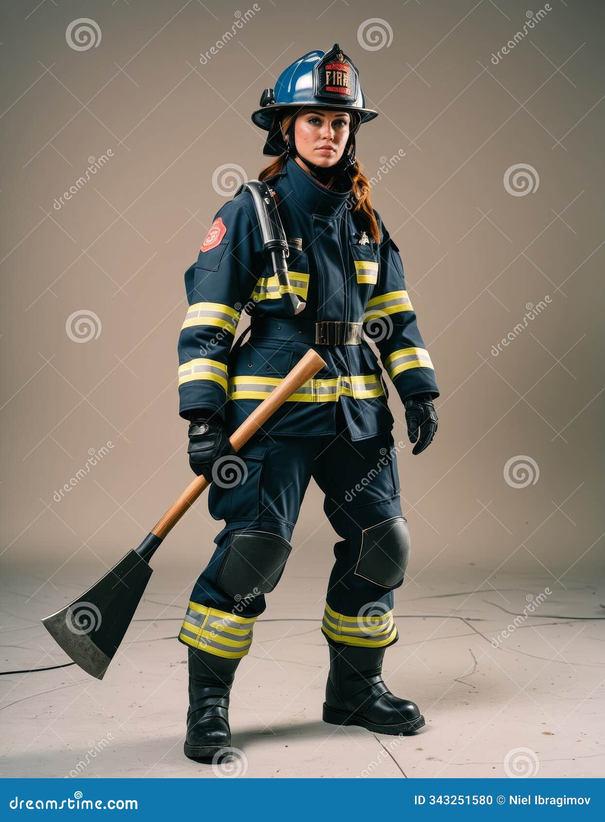 Confident Female Firefighter Standing with Axe in Full Gear Stock Photo ...