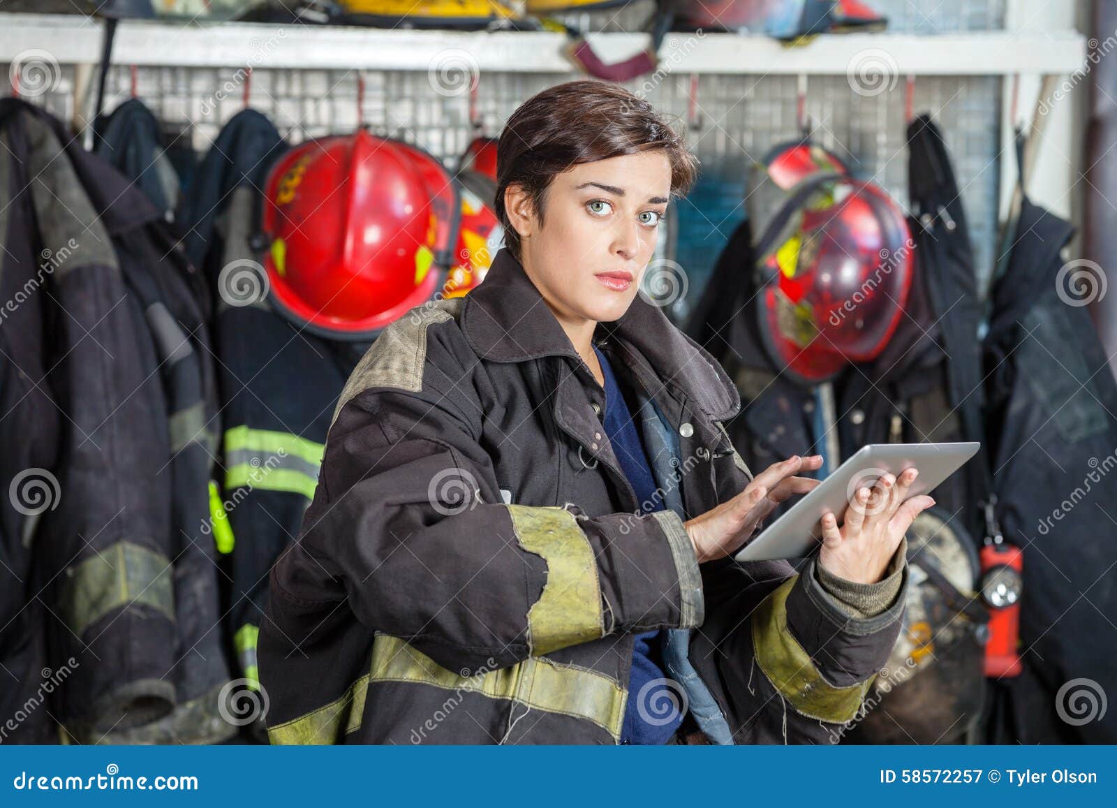 Confident Firewoman Using Digital Tablet at Fire Stock Image - Image of ...