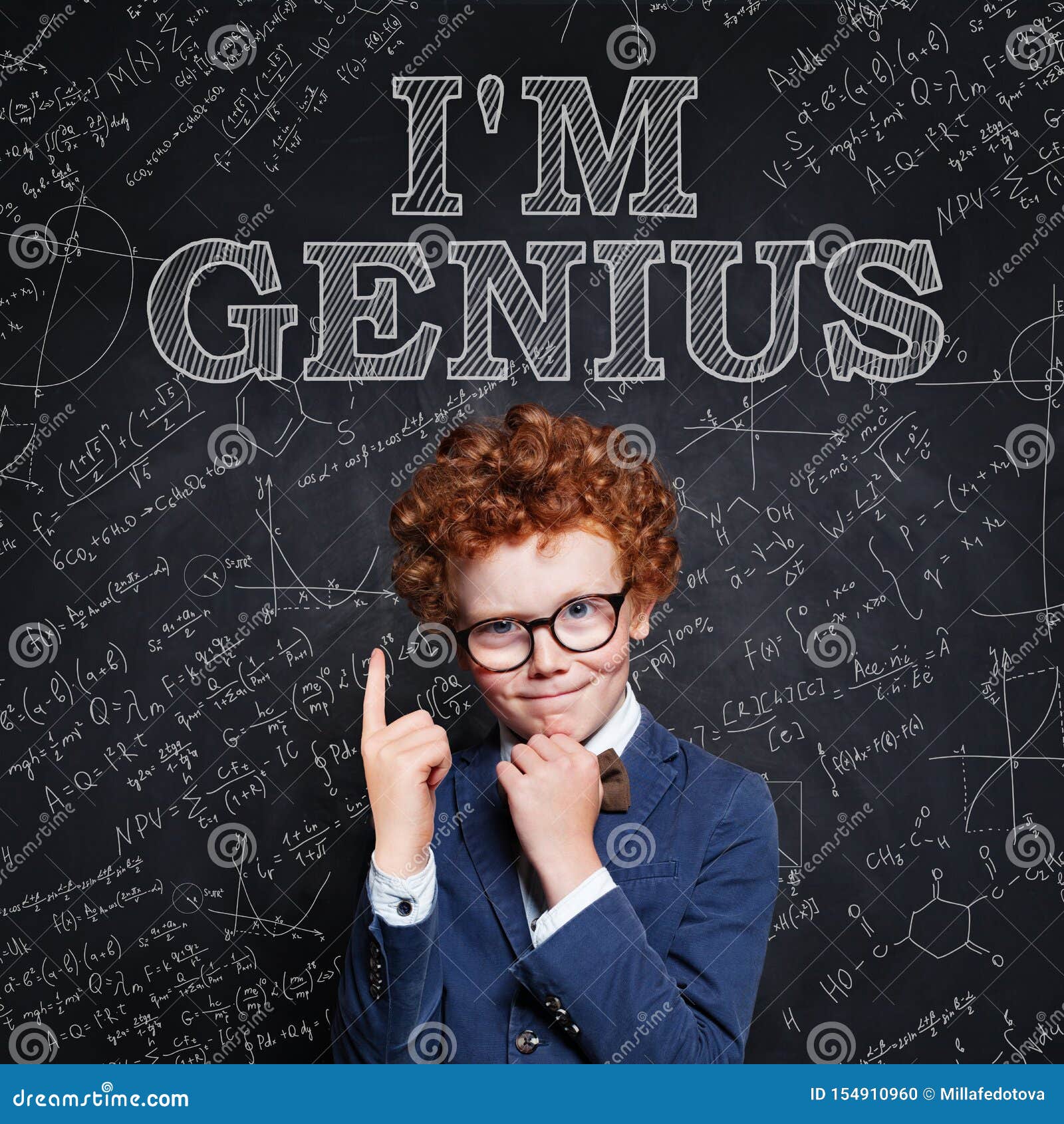 Confident Genius Kid Student on Blackboard Background Portrait Stock ...