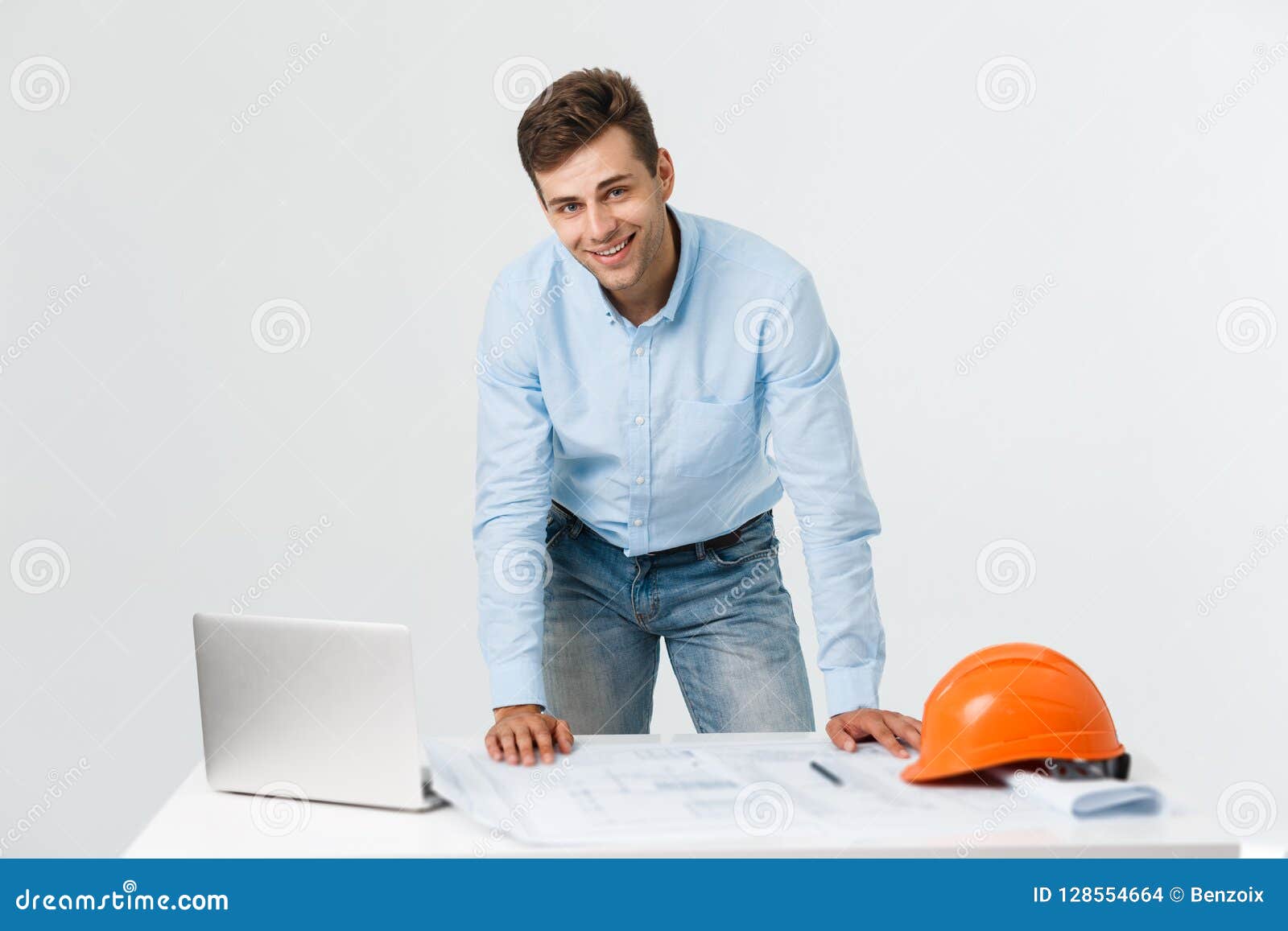 Confident in His New Project. Young Engineer and Architect Man Working ...