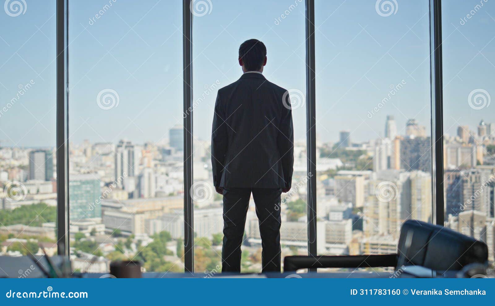 Confident Leader Standing Office in Suit Looking Panoramic Window Rear ...