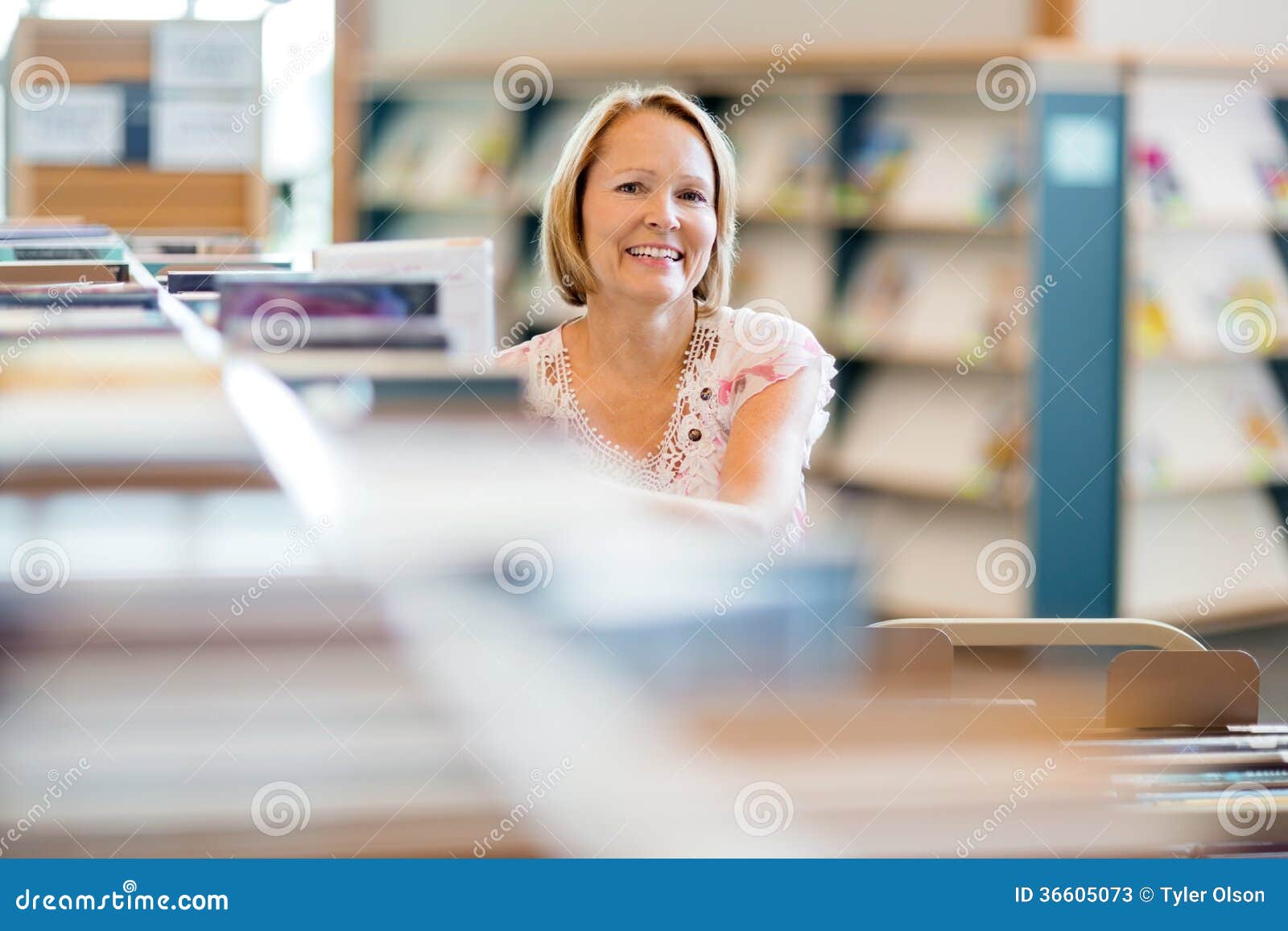 Confident Librarian Working in Library Stock Image - Image of portrait ...