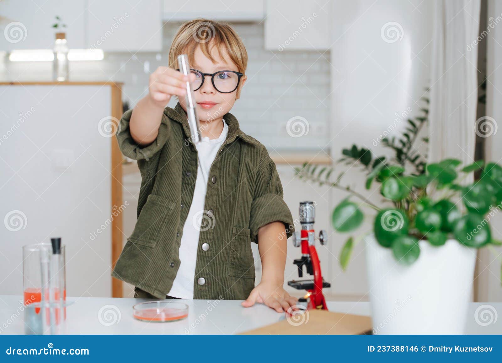 Confident Little Boy Doing Science Project, Showing a Flask with Clear ...
