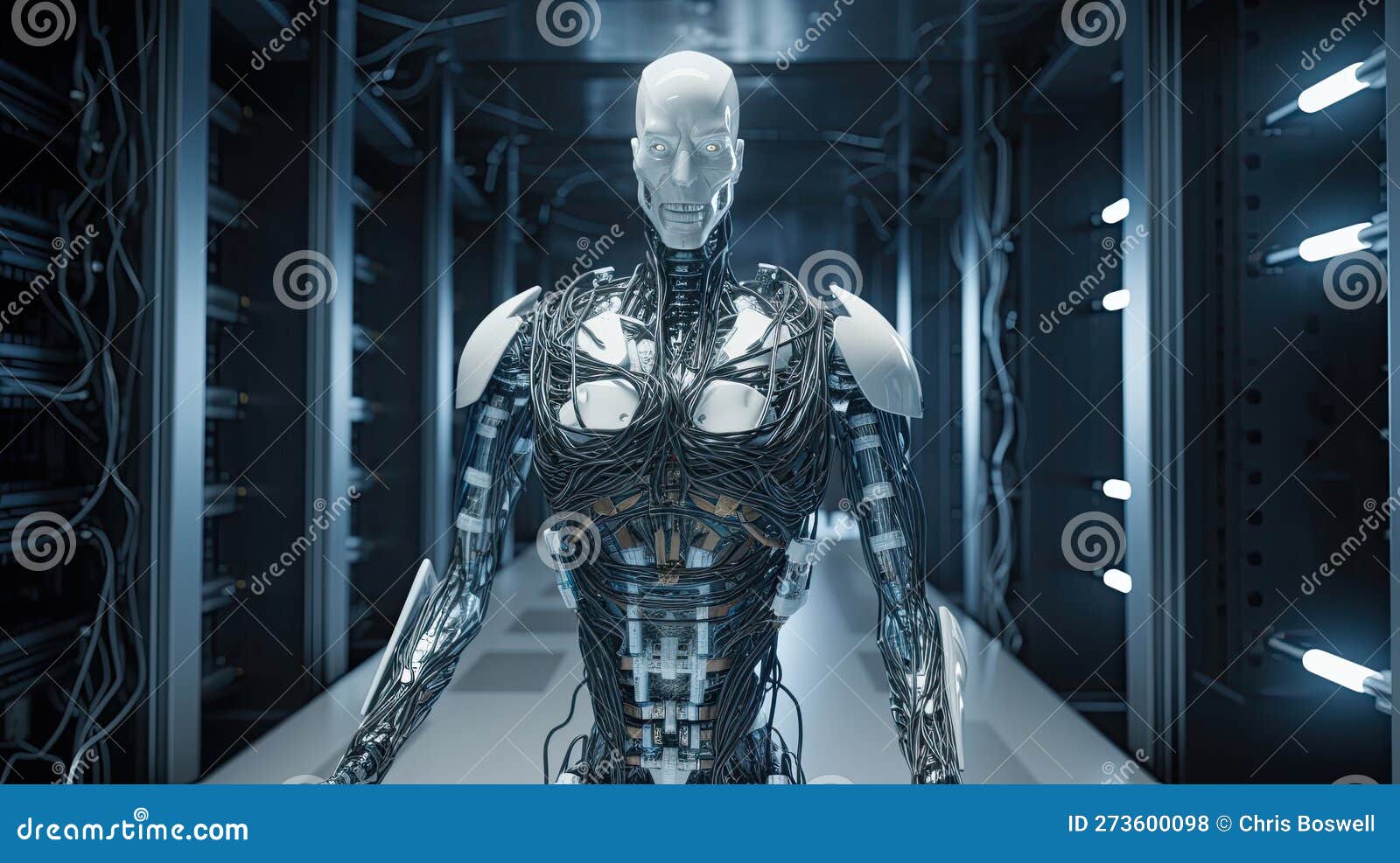 Confident Looking White and Gray Robot Walks Thru Room with Computer ...