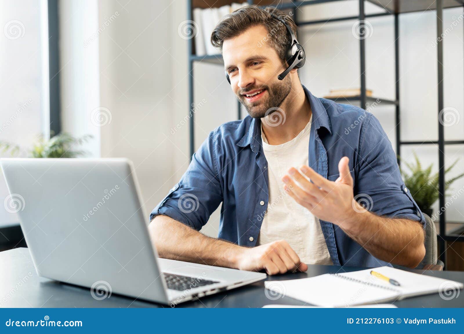 Confident Man with Headset Talking in Front of Computer Stock Image ...