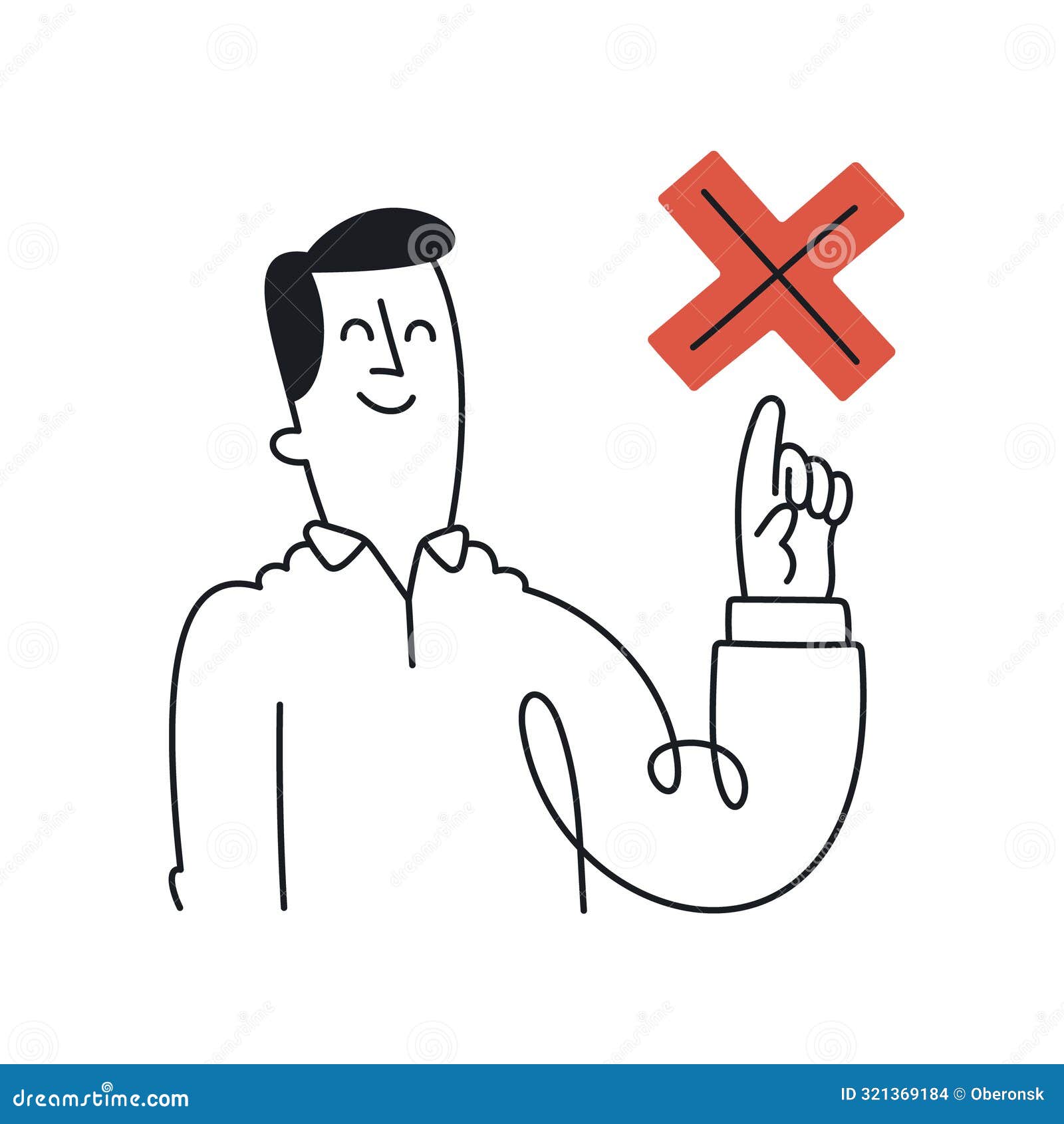 Confident Man Pointing at Red Cross Mark - Doodle Style with Editable ...