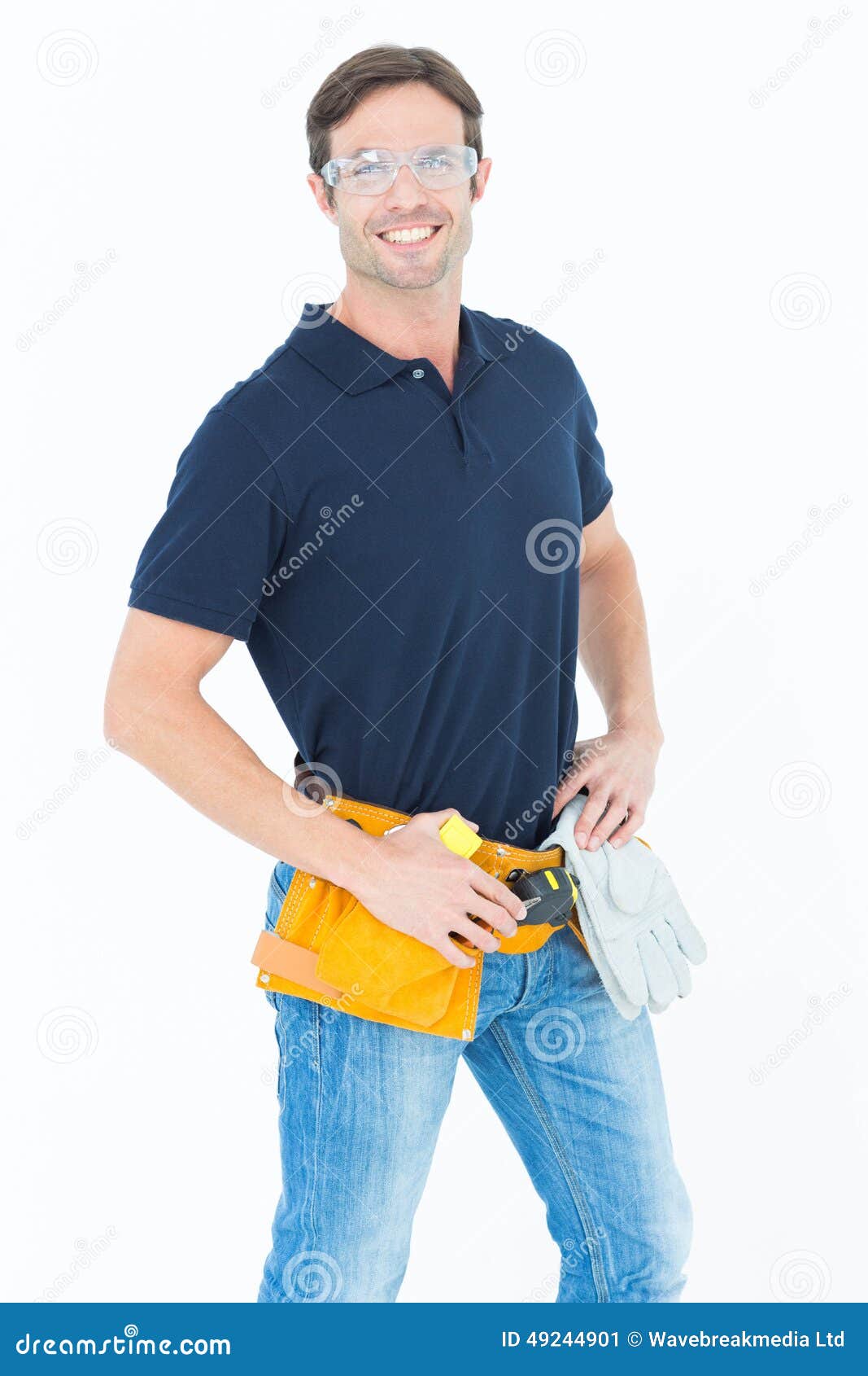 Confident Man Wearing Tool Belt Over White Background Stock Image ...