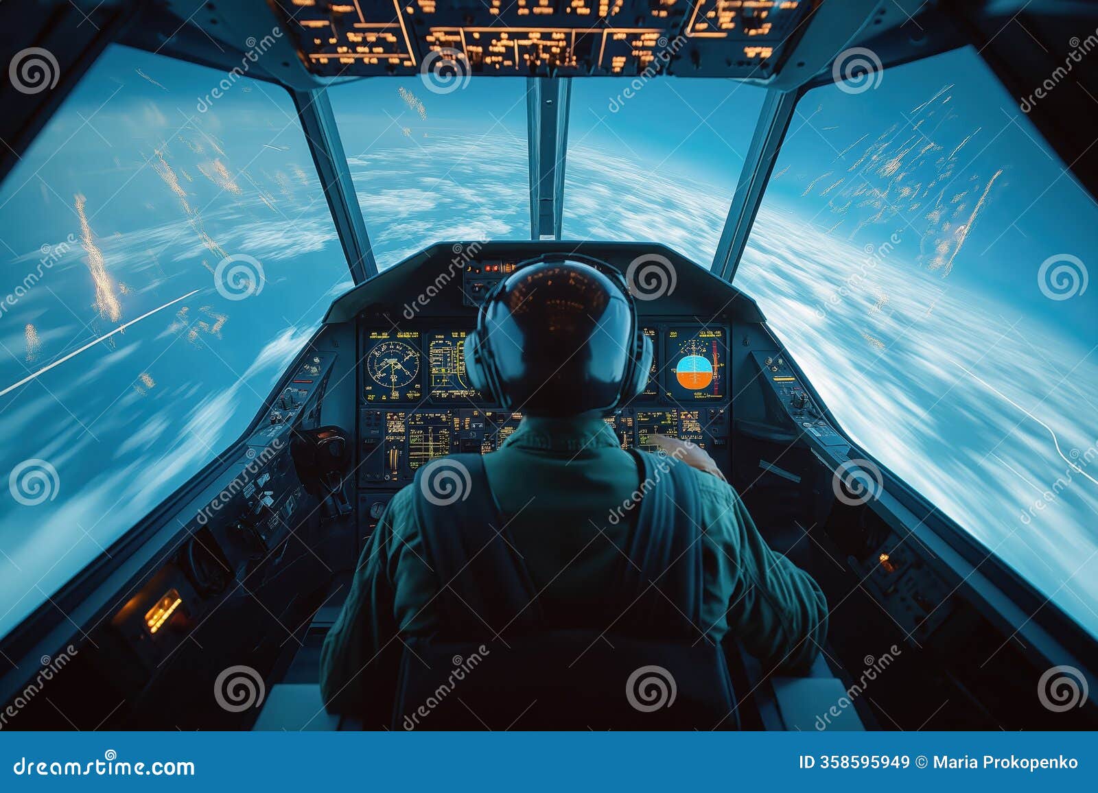 Confident Pilot in Modern Cockpit, Guiding Aircraft through Endless ...