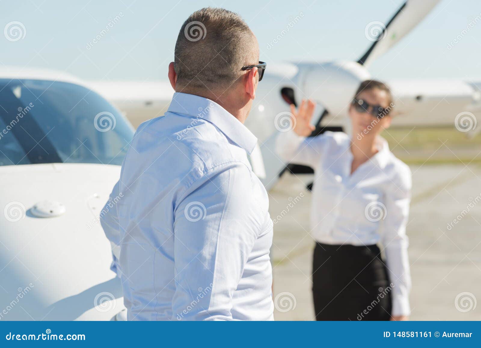 Confident Pilot with Stewardess and Private Jet Stock Image - Image of ...