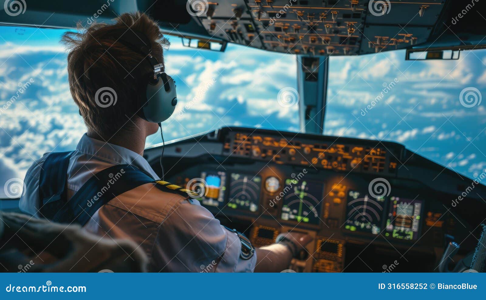 Smart Pilot Sitting at Plane and Looking at Control Panel in Flight ...