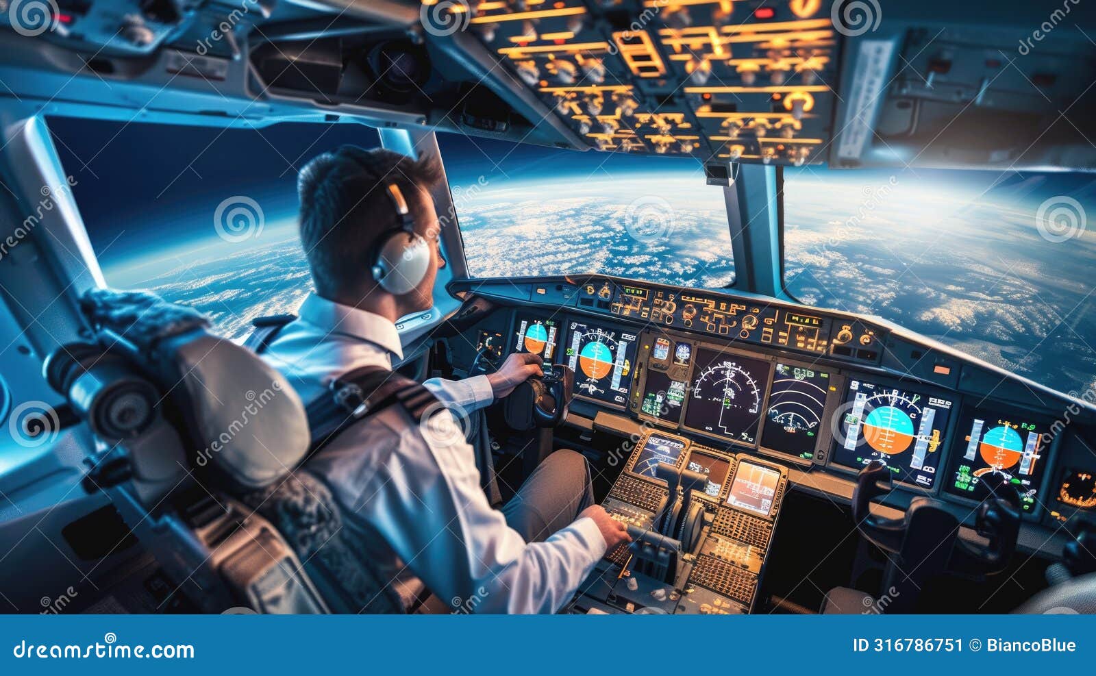 Smart Pilot Sitting at Plane and Looking at Control Panel in Flight ...