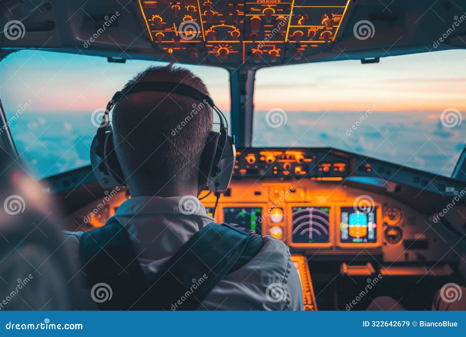 Smart Pilot Sitting at Plane and Looking at Control Panel in Flight ...