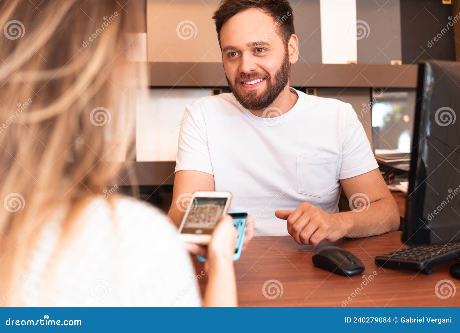 Salesman Receiving Payment with Qr Code and Mobile at Counter Store ...
