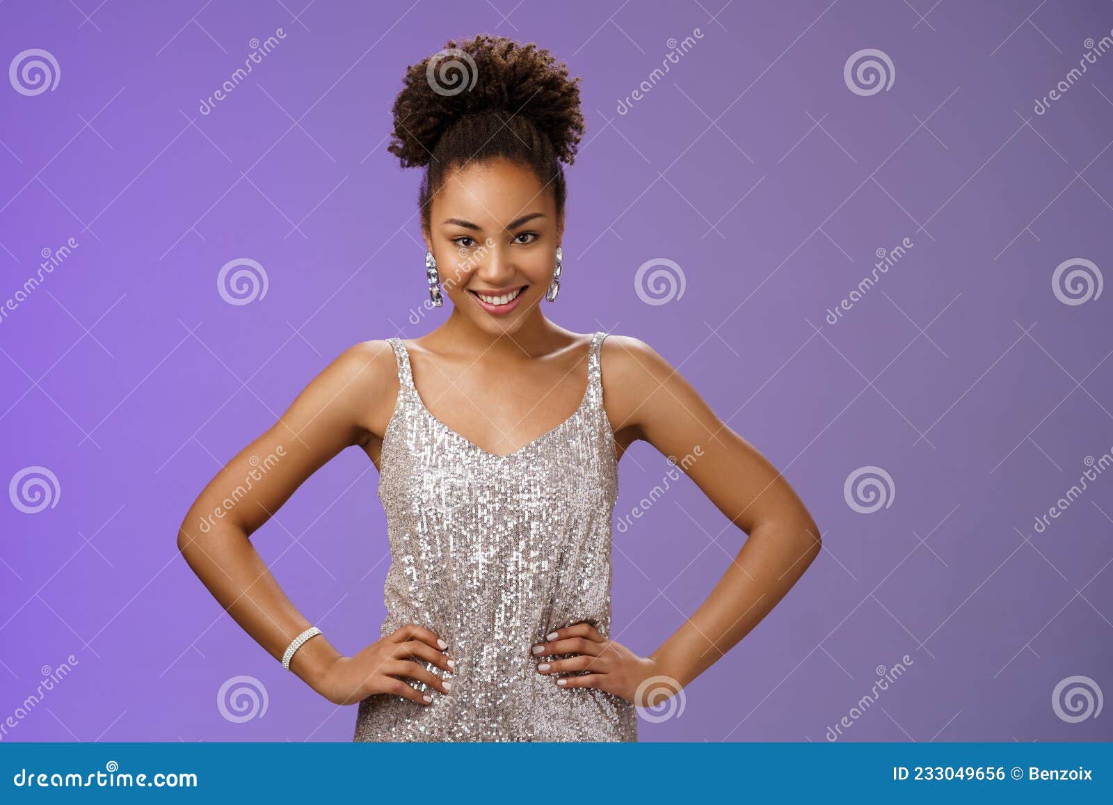 Confident Sassy Attractive African American Woman Powerful Pose Hold Hands Hips Smiling Self