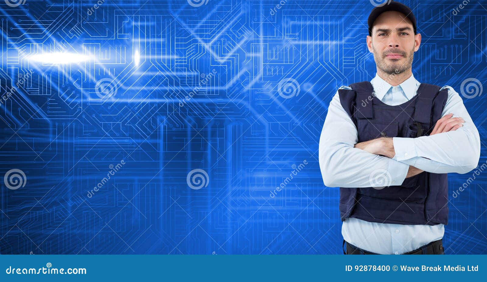 Confident Security Guard with Arms Crossed Against Screen Stock Photo ...