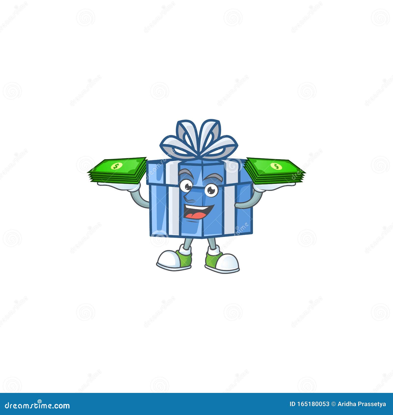 Confident Smiley Blue Gift Box Character with Money on Hand Stock ...