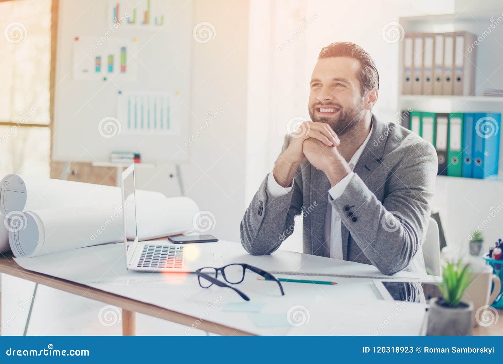 Confident Smiling Architect in Formal Wear Dreaming and Working Stock ... Confident Smiling Architect in Formal Wear Dreaming and Working Stock ...