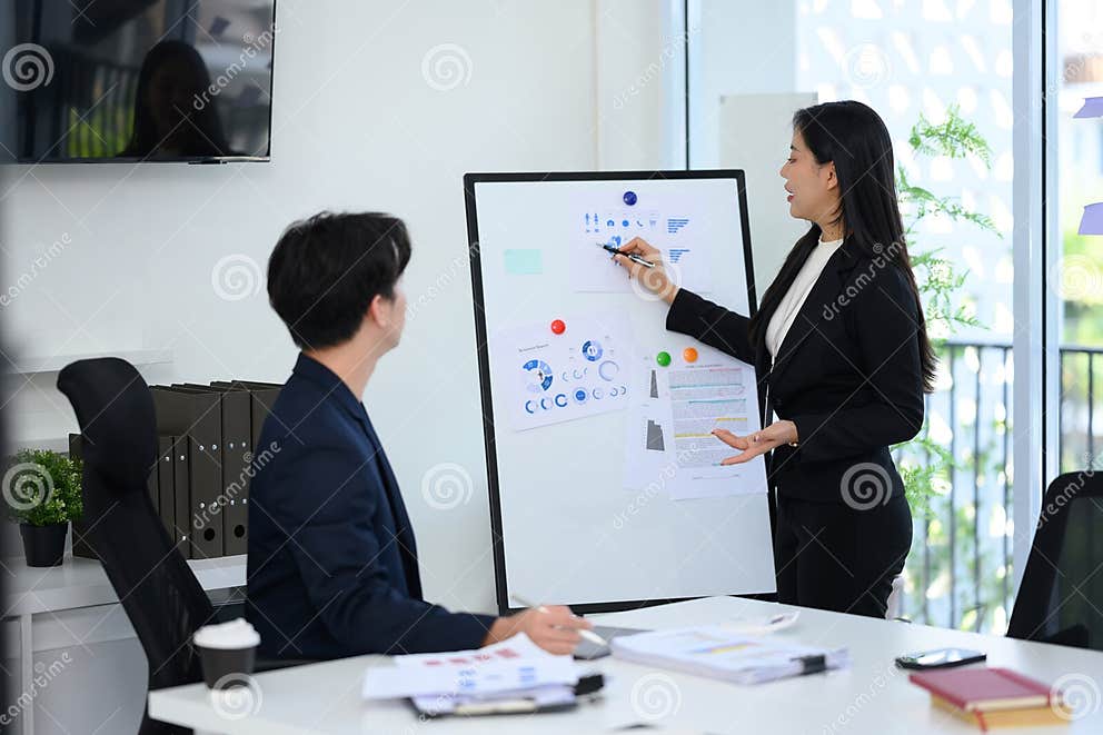 Confident Team Leader Presenting Charts and Data on Whiteboard in a ...