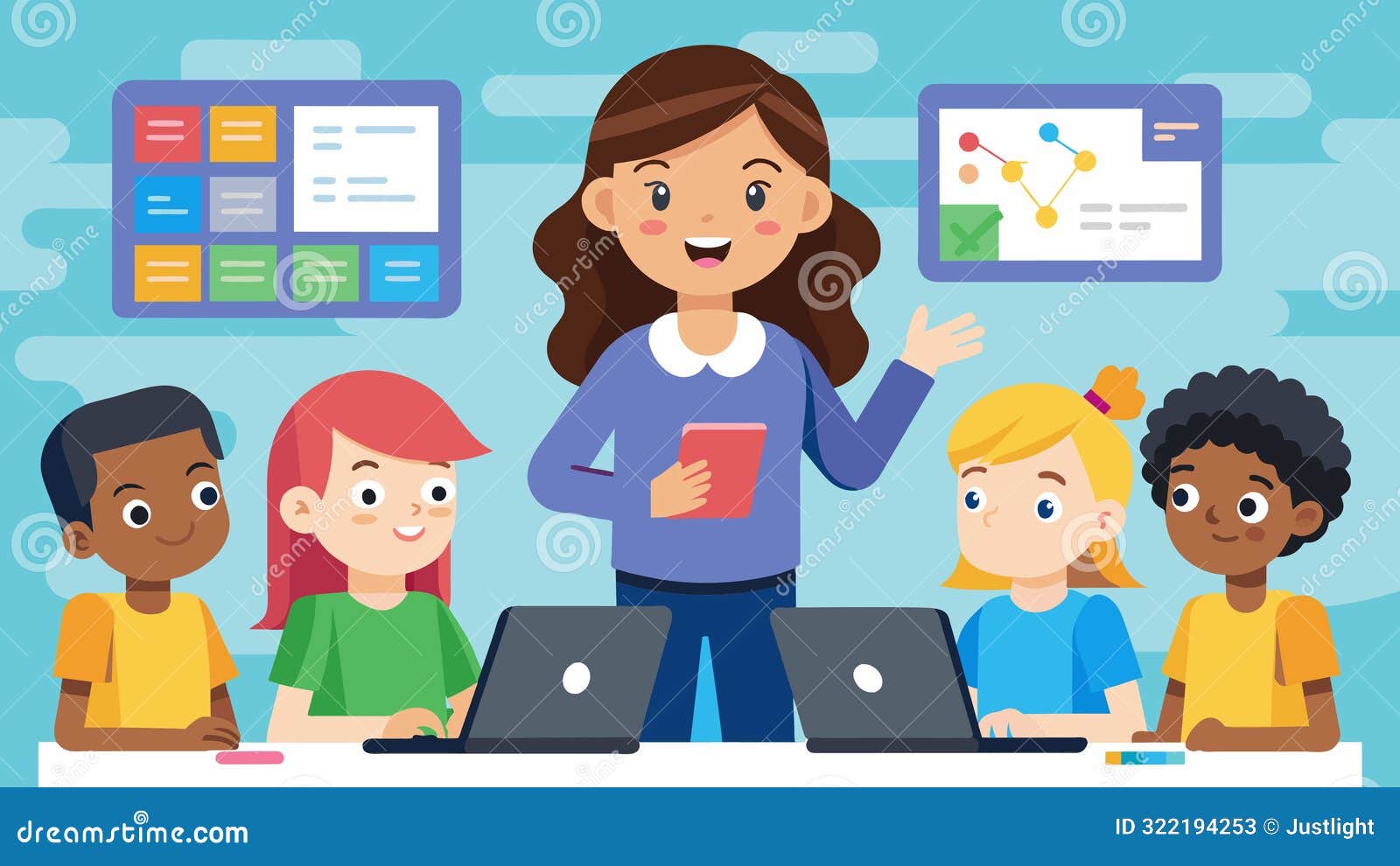 A Confident Teenage Girl Leading a Group of Younger Kids in a Programming Workshop Using ...