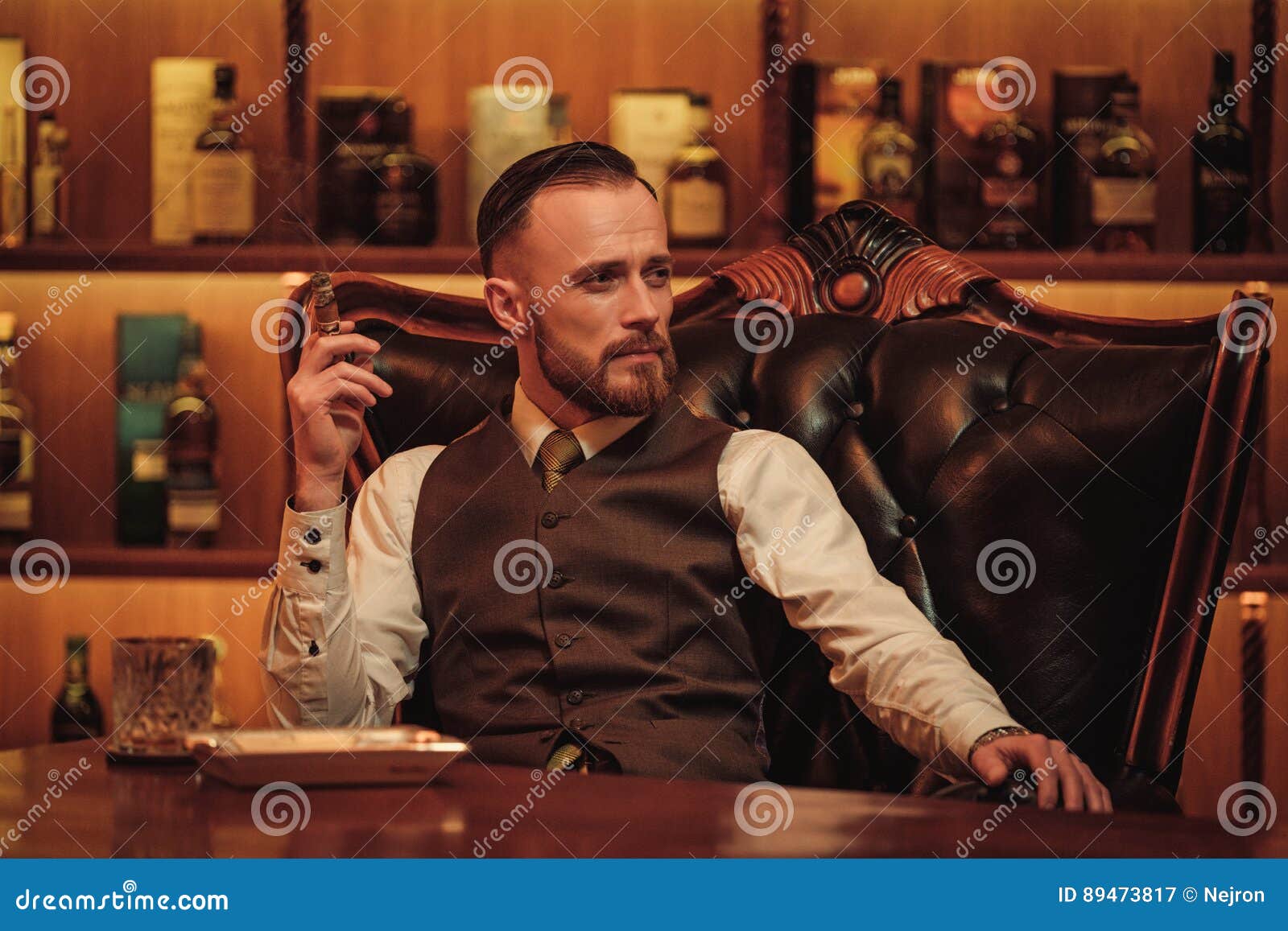 Confident Upper Class Man Smoking Cigar in Gentlemen`s Club Stock Image ...