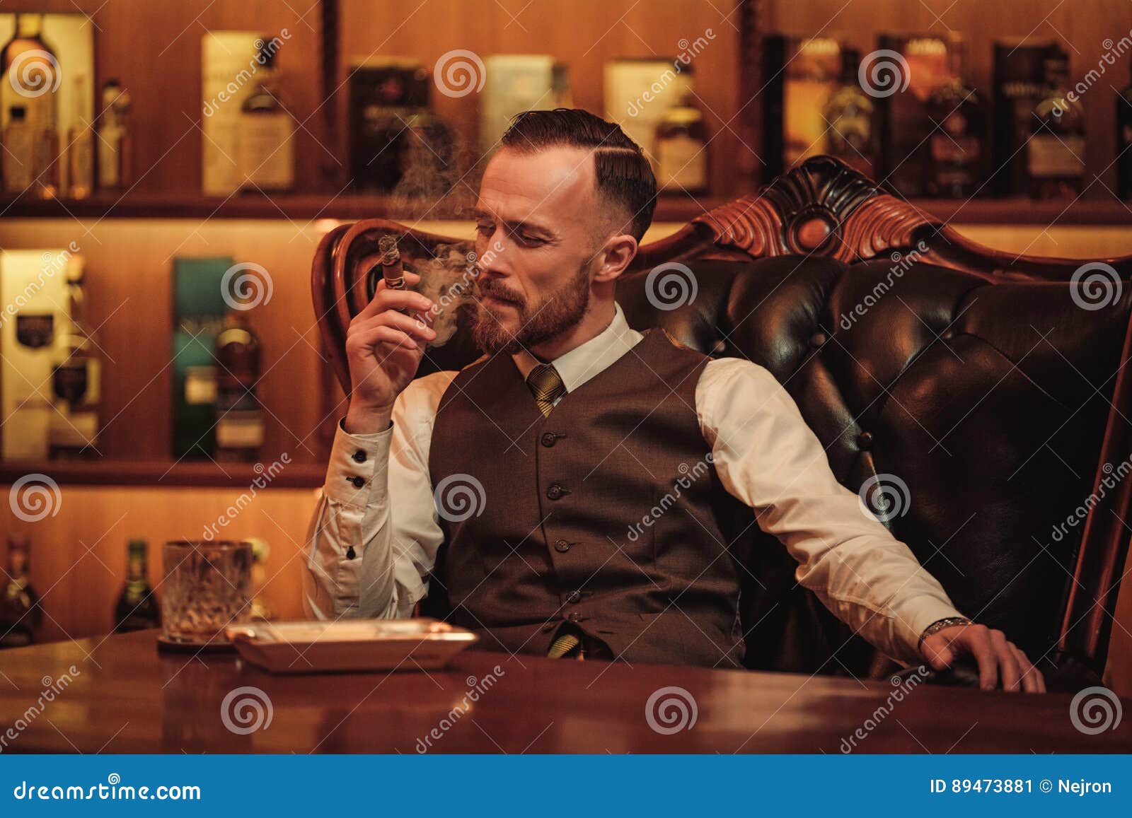 Confident Upper Class Man Smoking Cigar in Gentlemen`s Club Stock Image ...