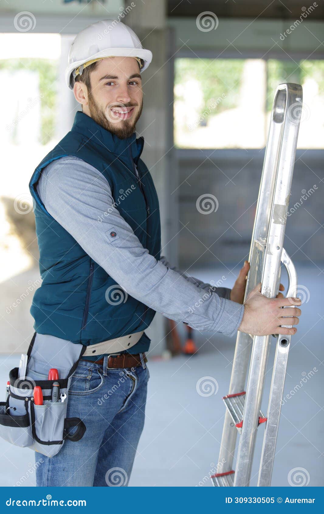 Confident Young Builder on Ladder Stock Image - Image of ladder ...